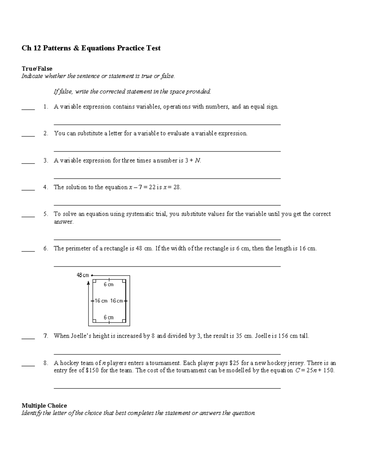 Ch 12 Algebra Patterns & Equations Practice Test - Studocu