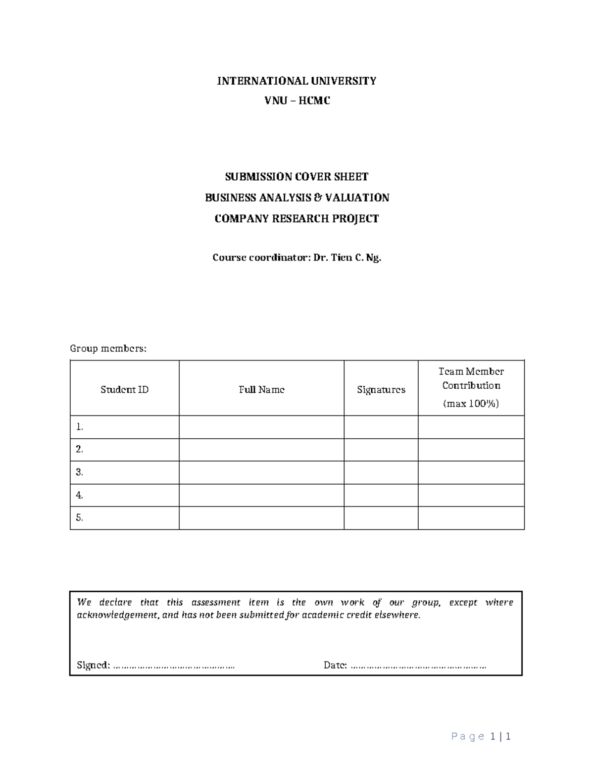 Assignment Cover page - INTERNATIONAL UNIVERSITY VNU – HCMC SUBMISSION ...
