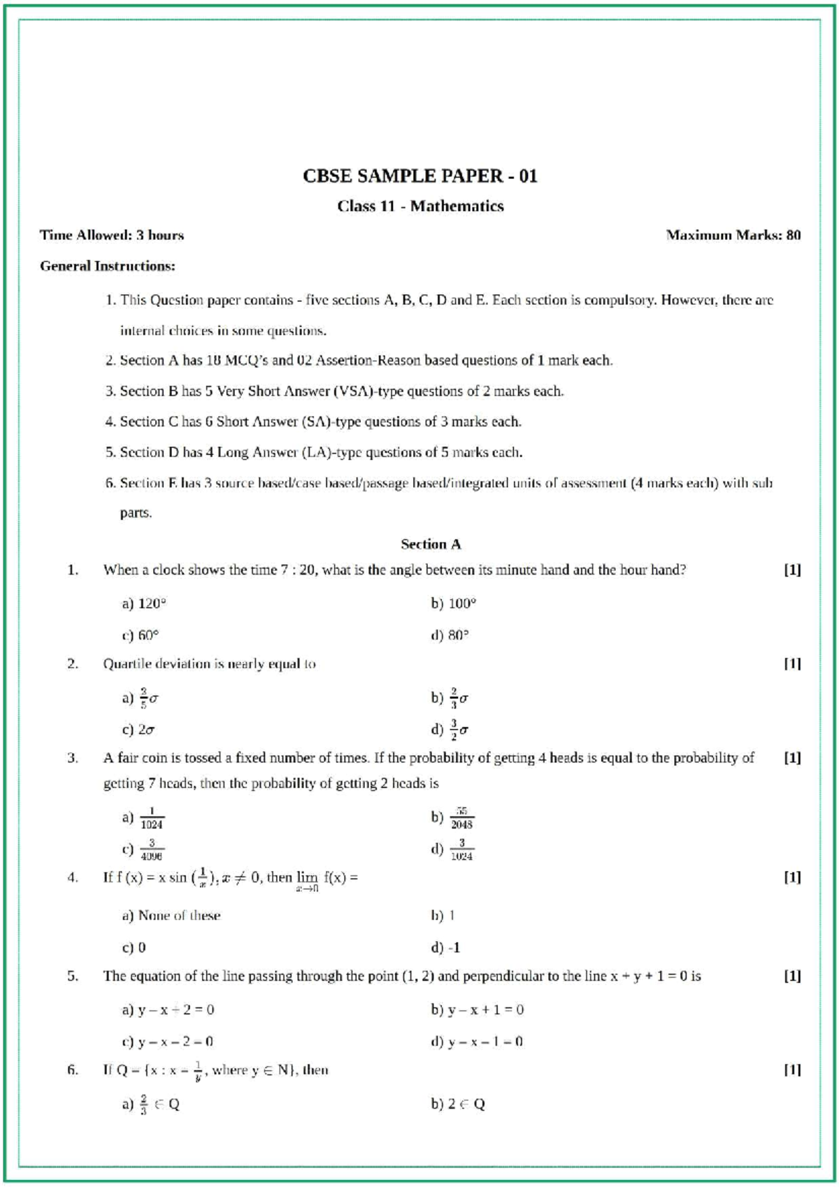 CBSE Class 11 Mathematics Sample Paper 01 - Important Questions and ...