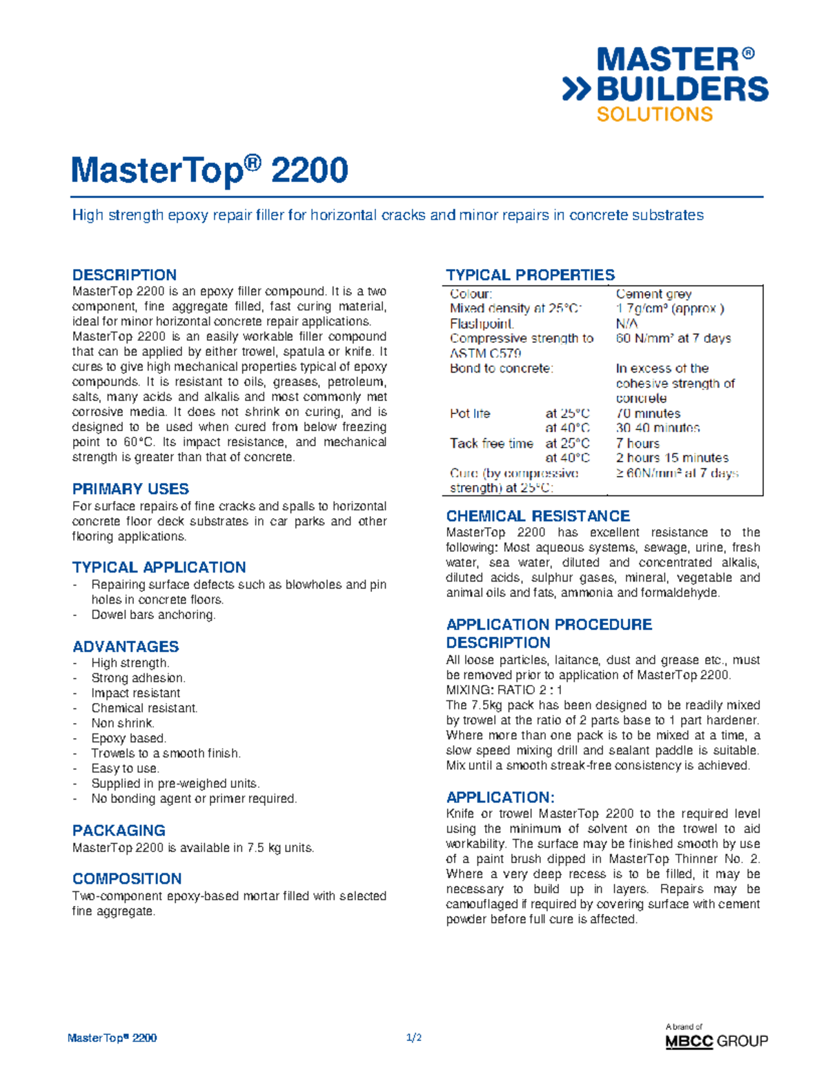 MasterTop 2200 TDS: High Strength Epoxy for Concrete Repairs - Studocu