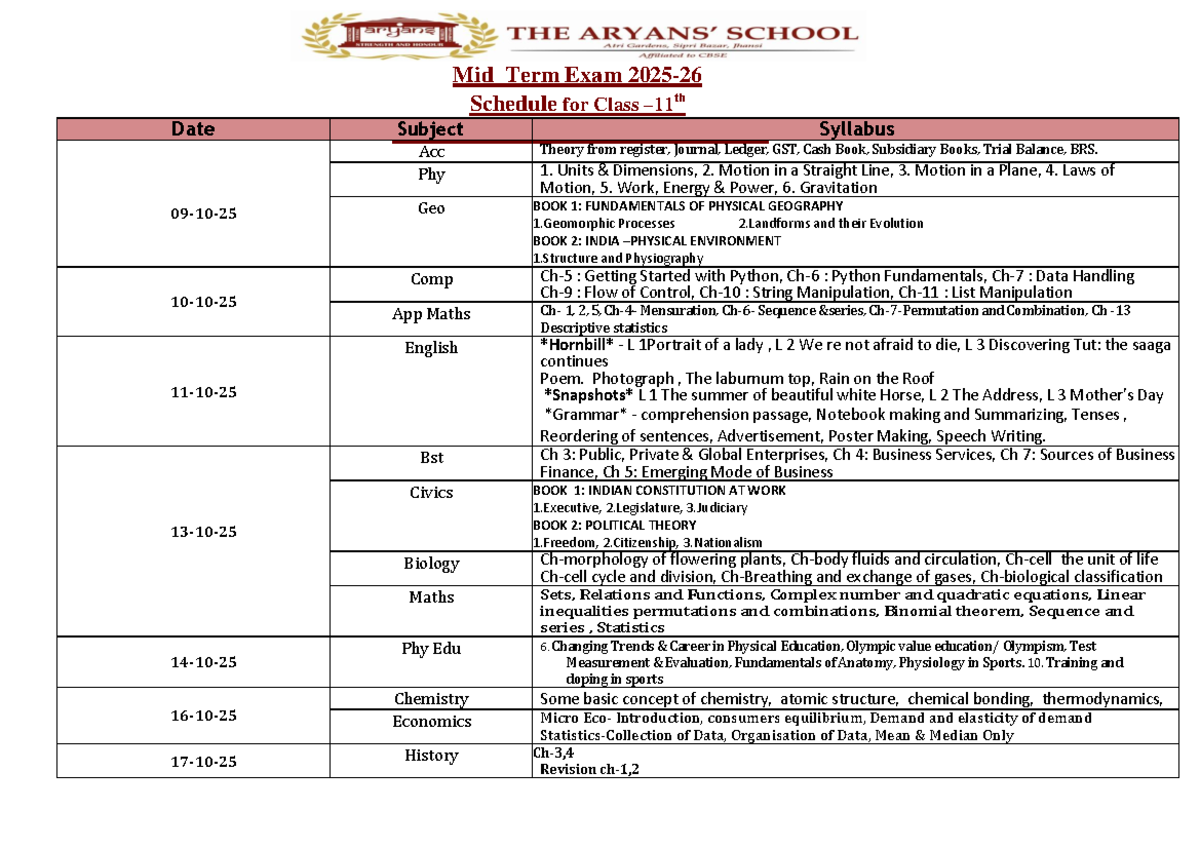 Mid-Term Exam Schedule for Class XI: Subjects Overview - Studocu