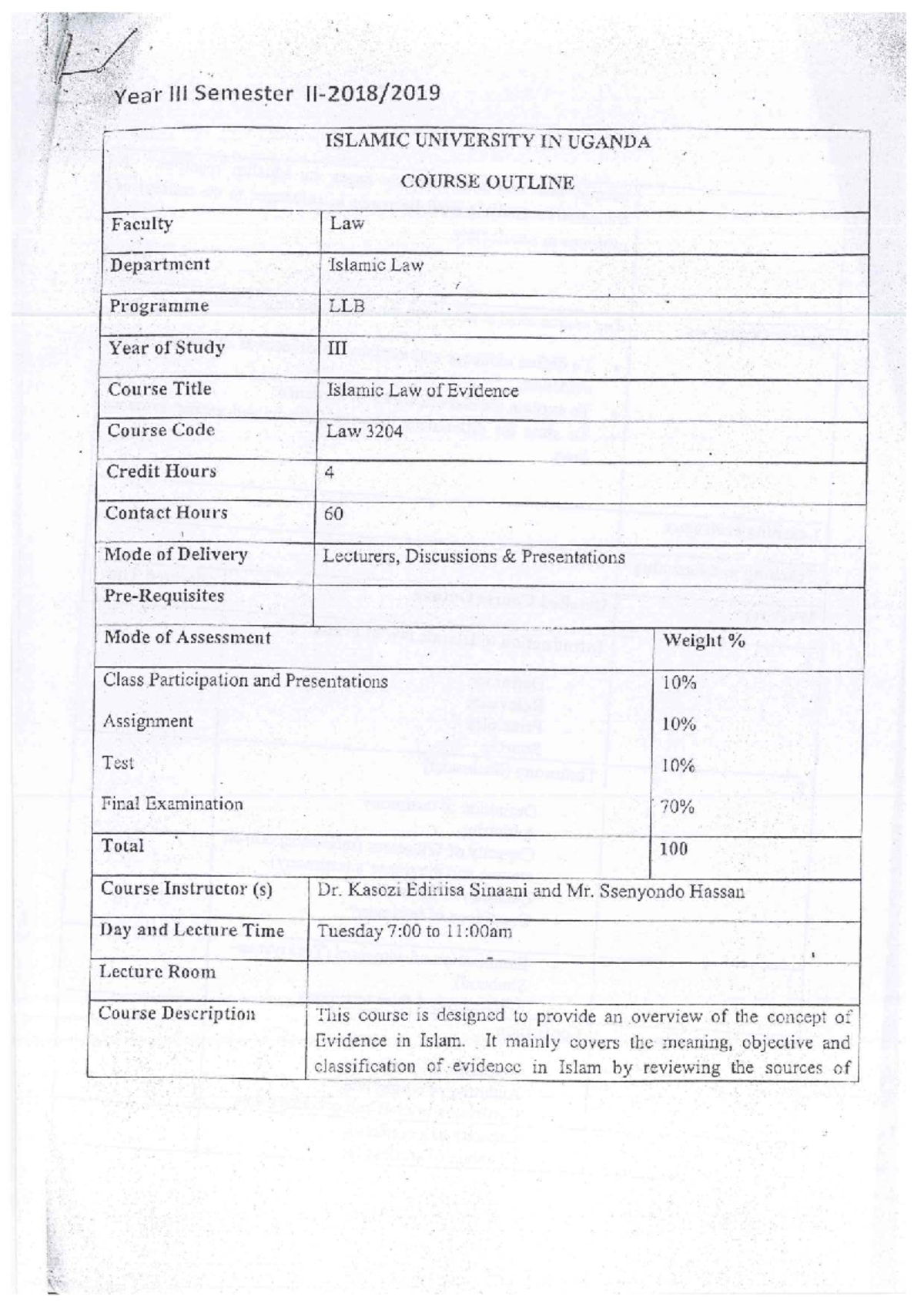 Islamic Law of Evidence Course Outline (Law 3204) - Studocu