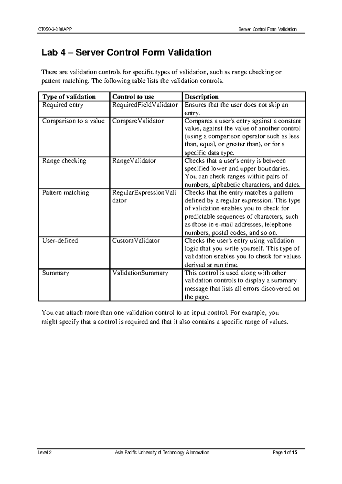 Lab 4 : WAPP Tutorial - Lab 4 – Server Control Form Validation There ...