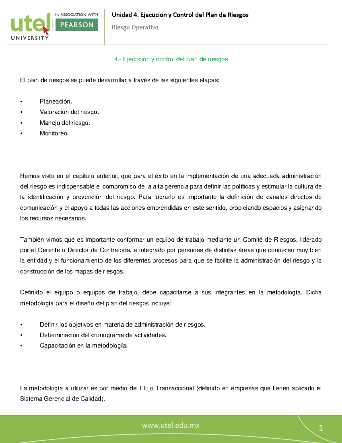 Lectura Unidad 4: Ejecución y Control del Plan de Riesgos - Studocu