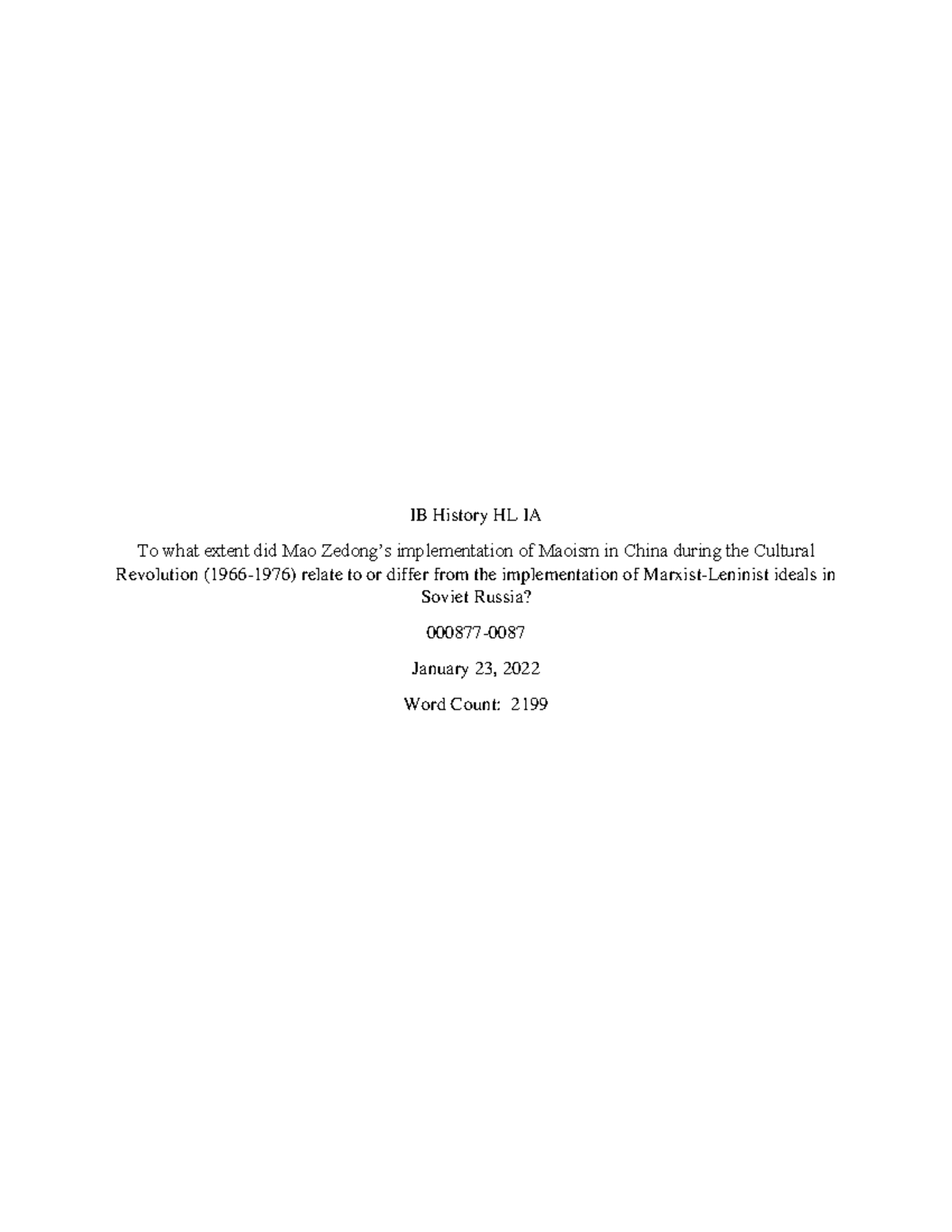 History IA Example - IB History HL IA To what extent did Mao Zedong’s ...