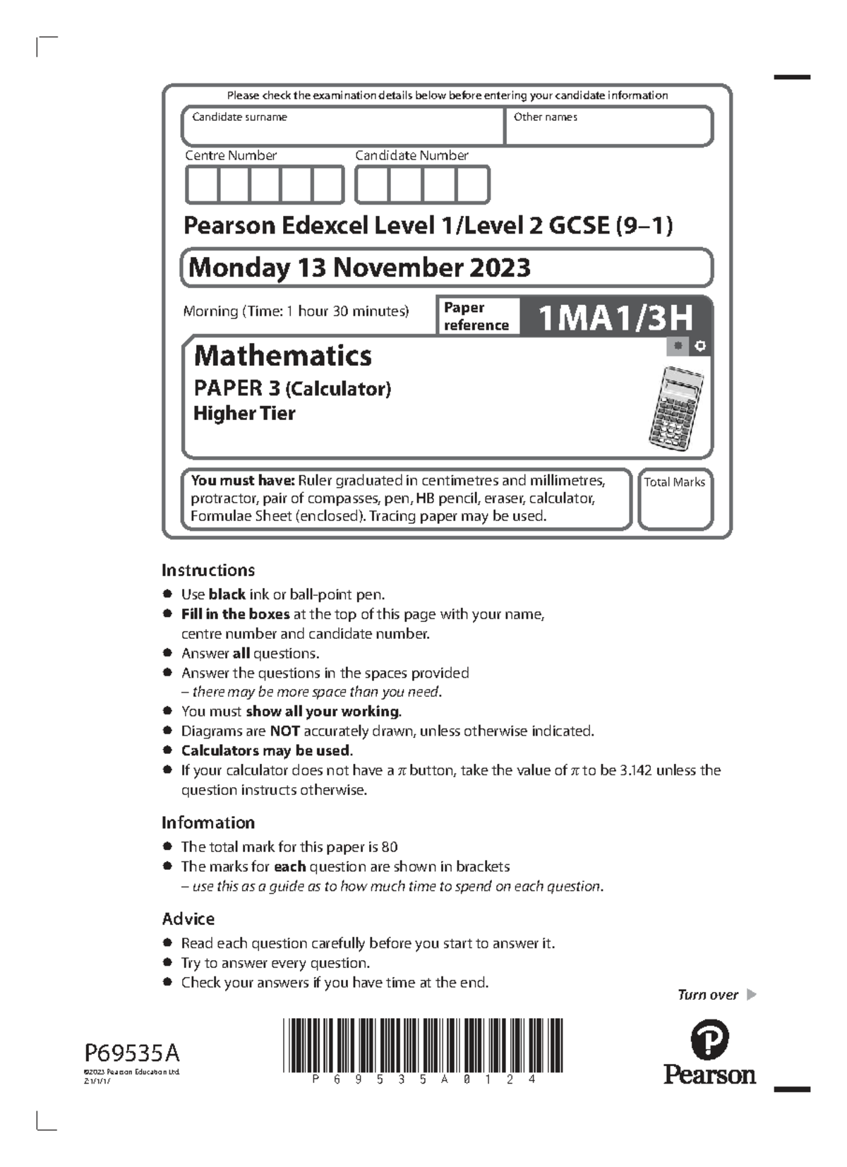 Mathematics Paper 3 (Calculator) - GCSE Exam Details - Nov 2023 - Studocu