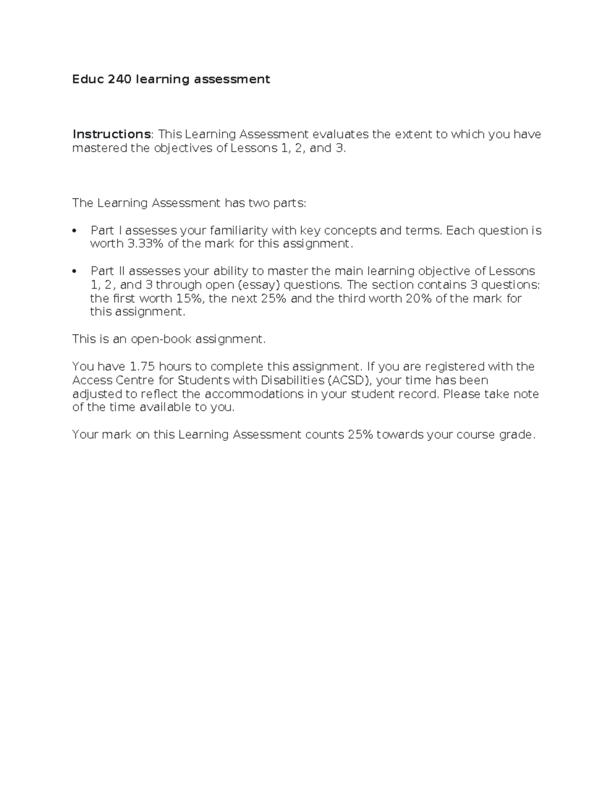 Educ 240 Learning Assessment: Mastery of Lessons 1-3 Objectives - Studocu