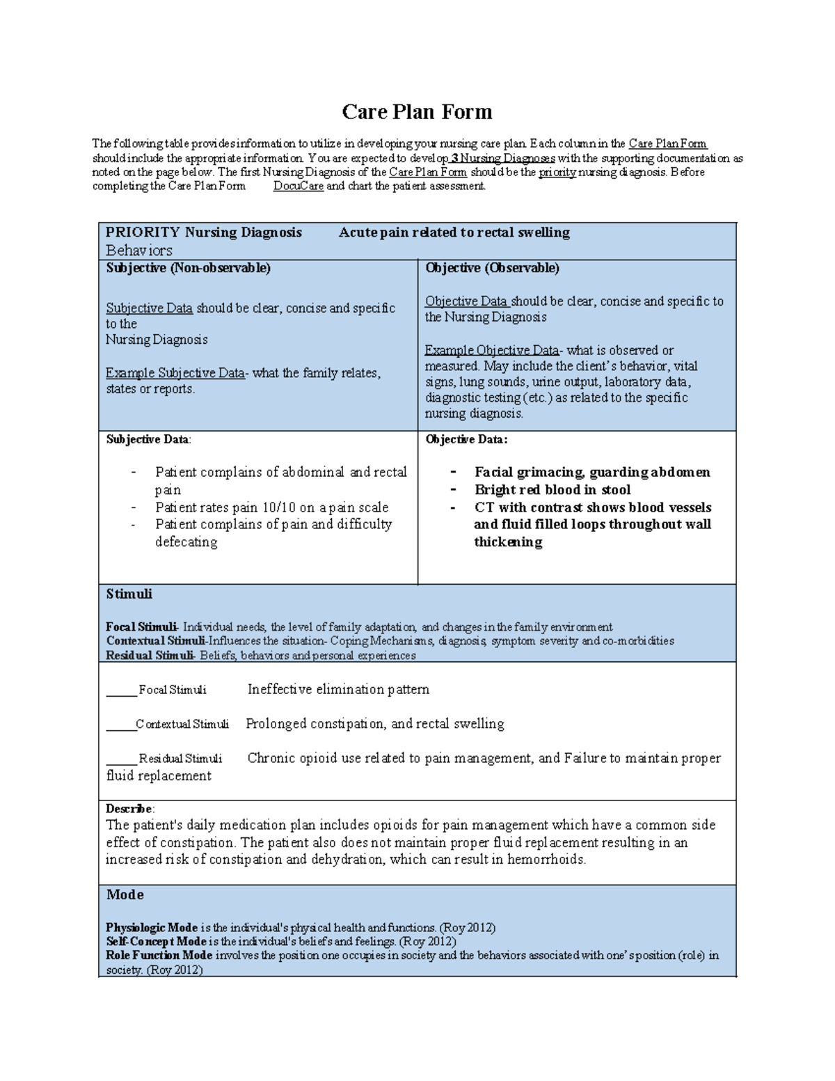 GI Care Plan - Care plan - Care Plan Form The following table provides ...