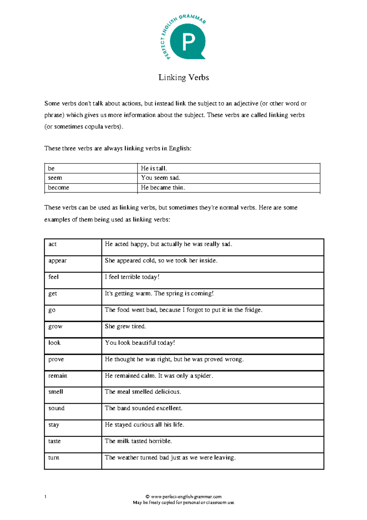 Linking verbs - Excellent supporting material. - 1 © perfect-english ...