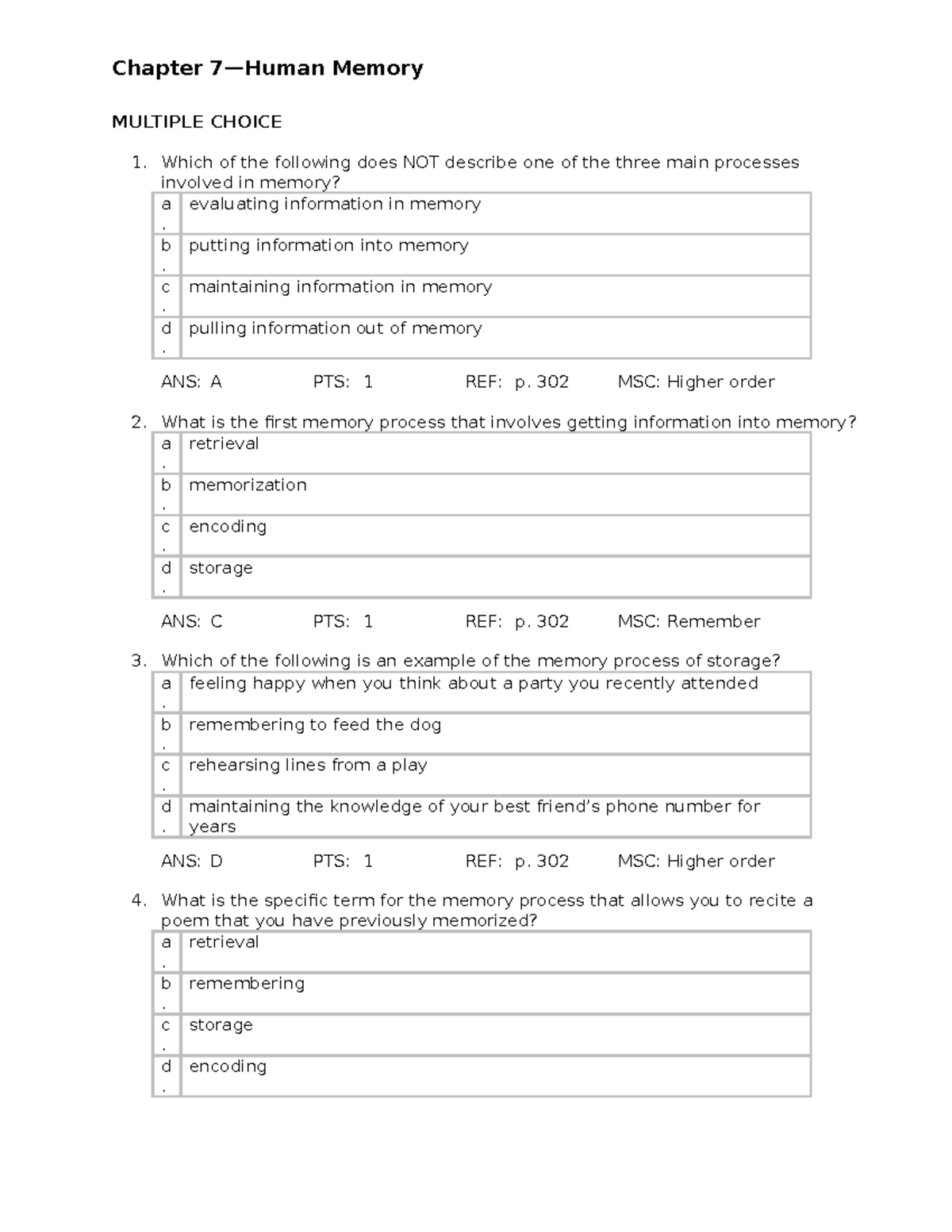 Unit 7 - MC Questions on Human Memory Concepts and Processes - Studocu