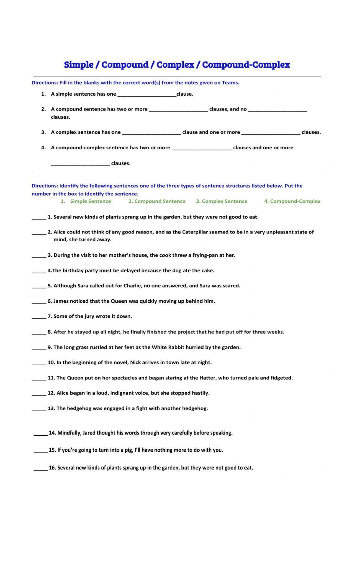 Sentence Structure Worksheets: Simple, Compound, and Complex Types ...
