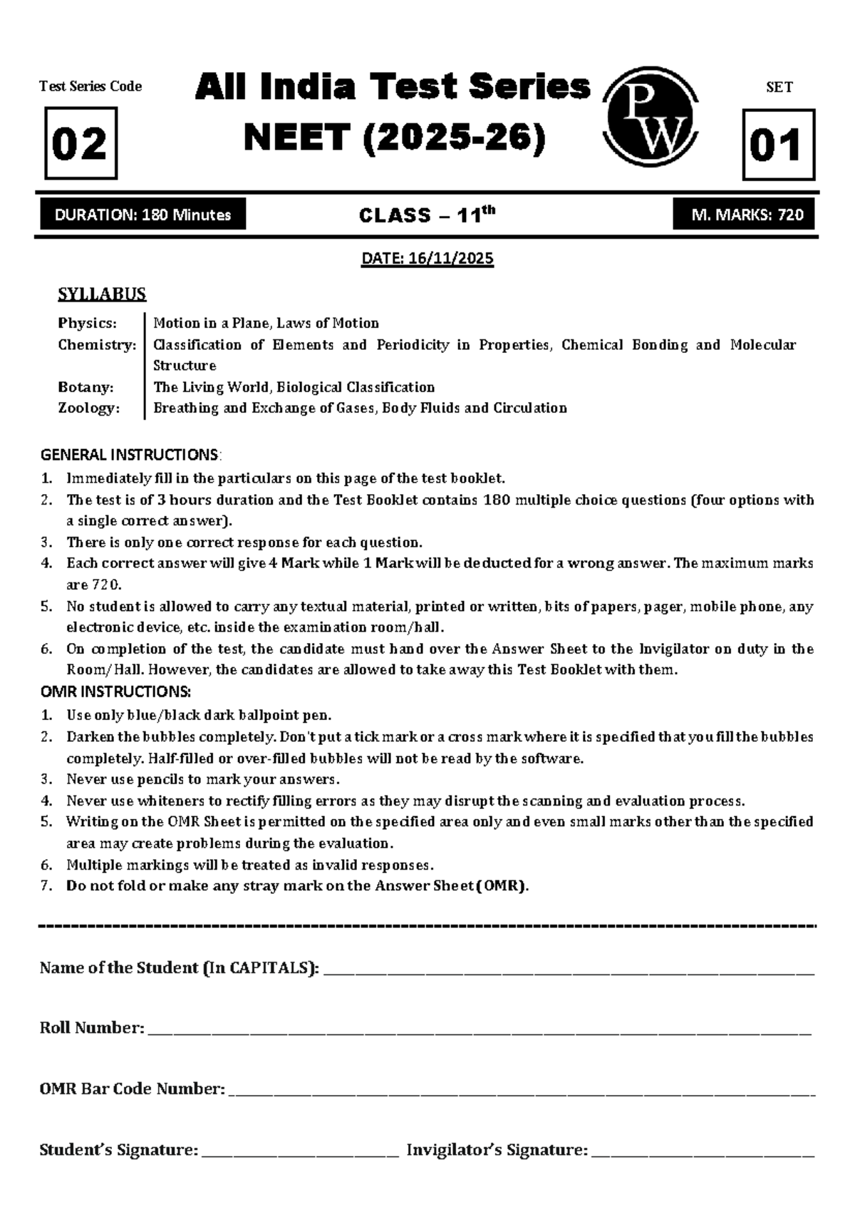 AITS-02 Class 11th NEET 2025-26 Set 01 Question Paper - Studocu