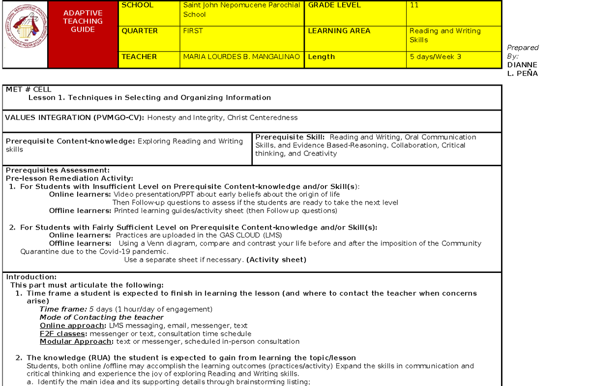 W3-ATG-RWS - Adaptive Teaching Guide for Grade 11 Reading Skills - Studocu
