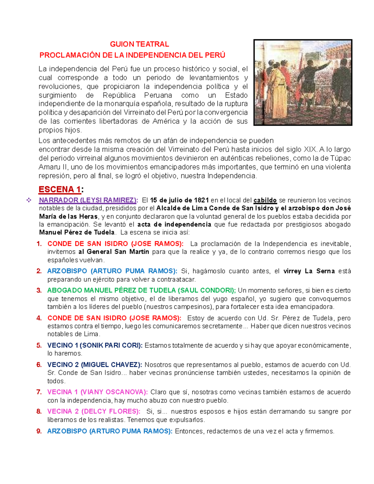 Guion Teatral: Proclamación de la Independencia del Perú - 28 de Julio ...