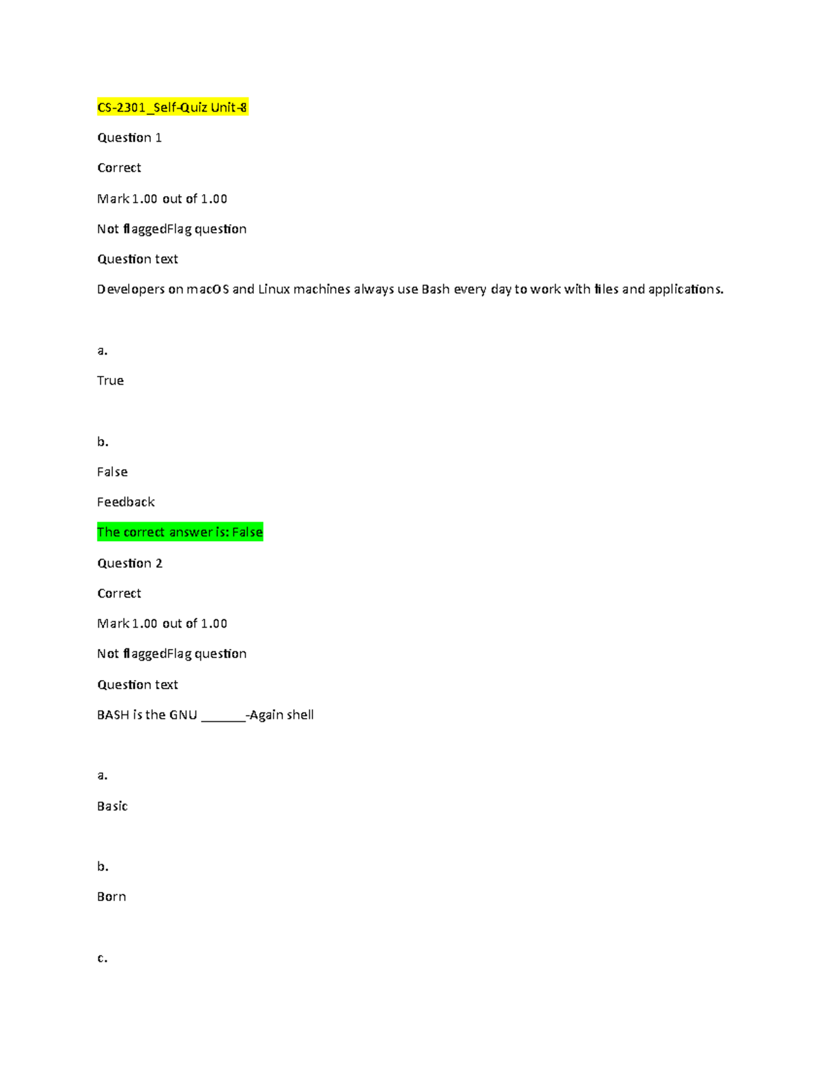 CS-2301 Self-Quiz Unit-8 - CS-2301_Self-Quiz Unit- Question 1 Correct ...