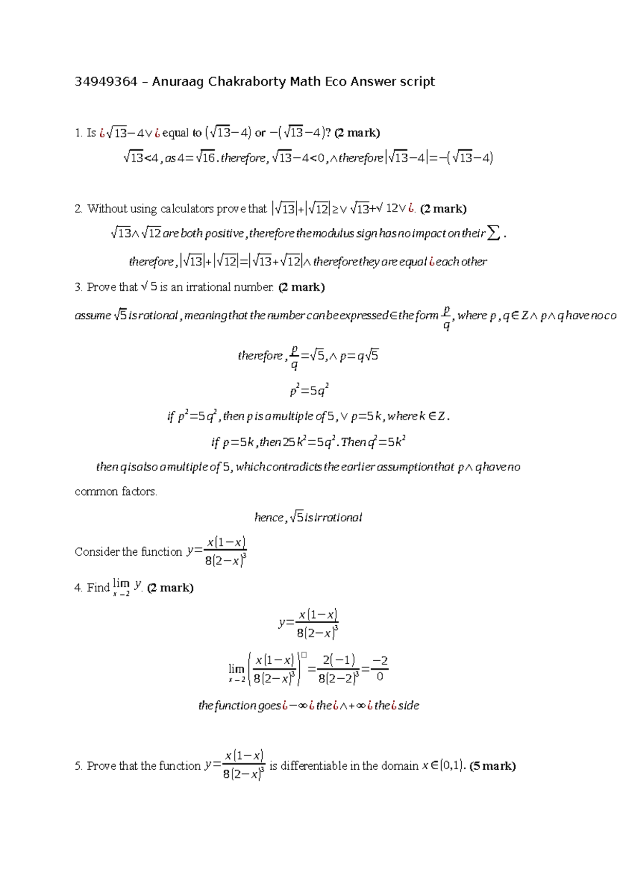 34949364 Math Eco Final Exam Answer Script by Anuraag Chakraborty - Studocu
