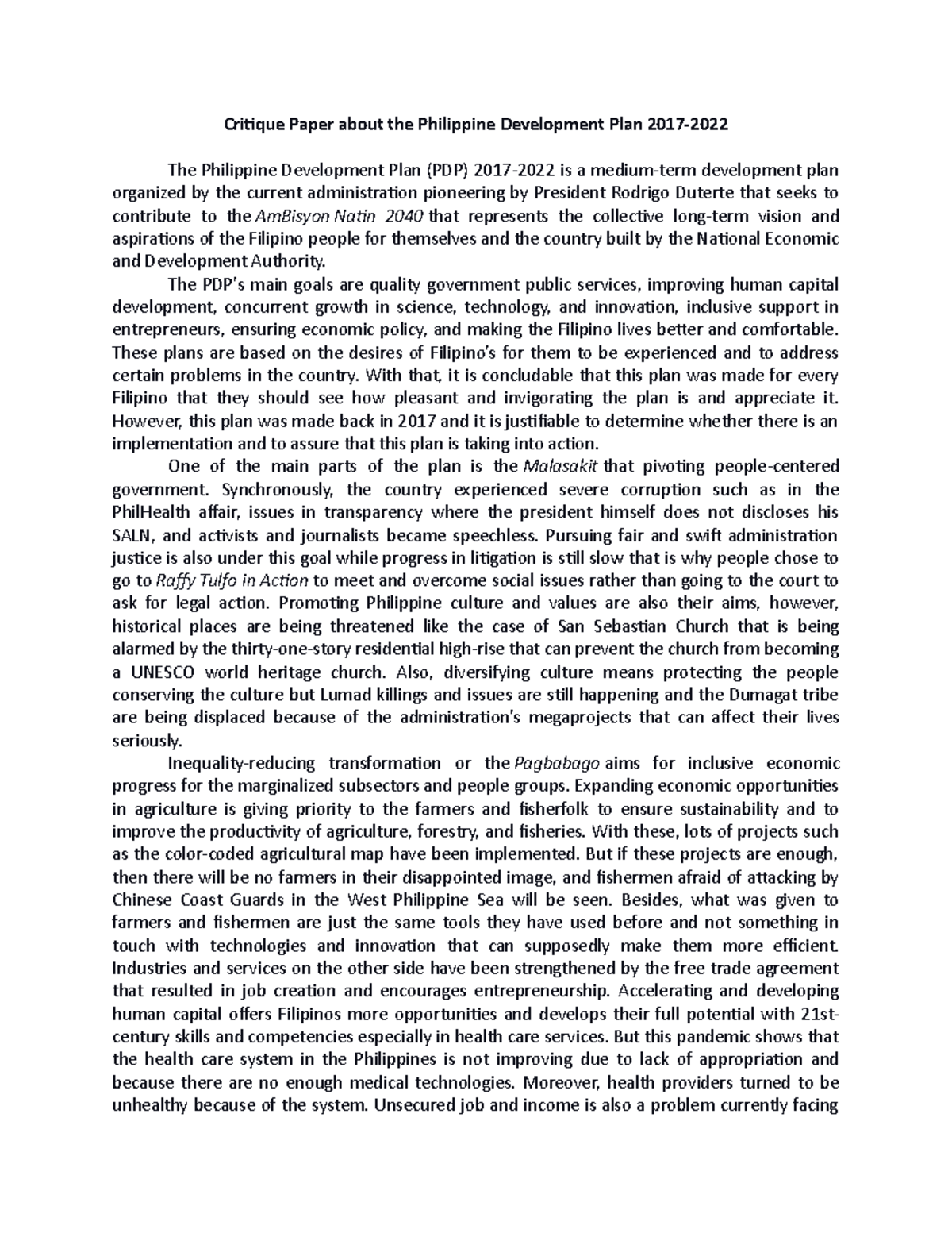 PDP analysis - Critique Paper about the Philippine Development Plan ...