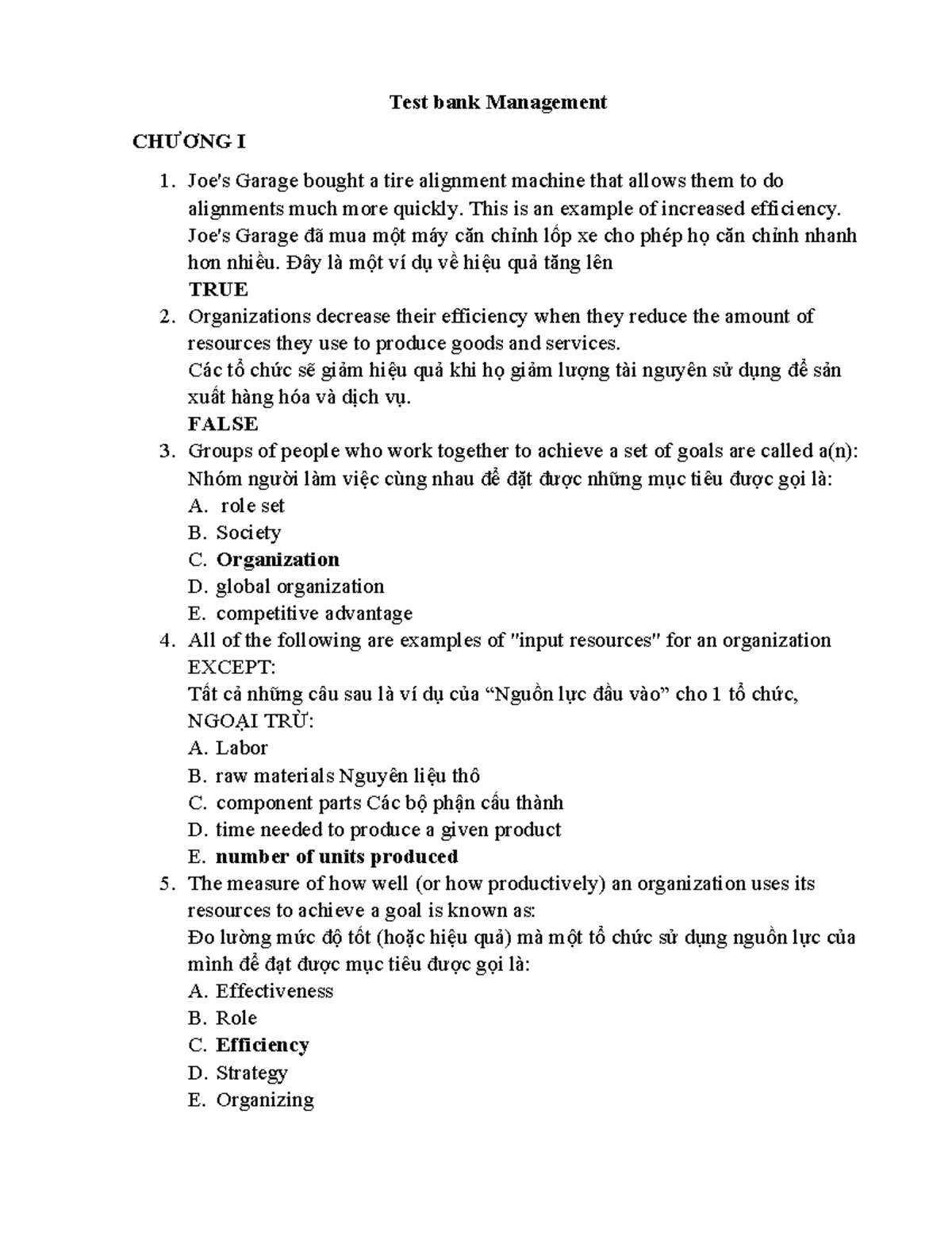 Test Bank for Management Concepts - Quiz/True-False Questions - Studocu