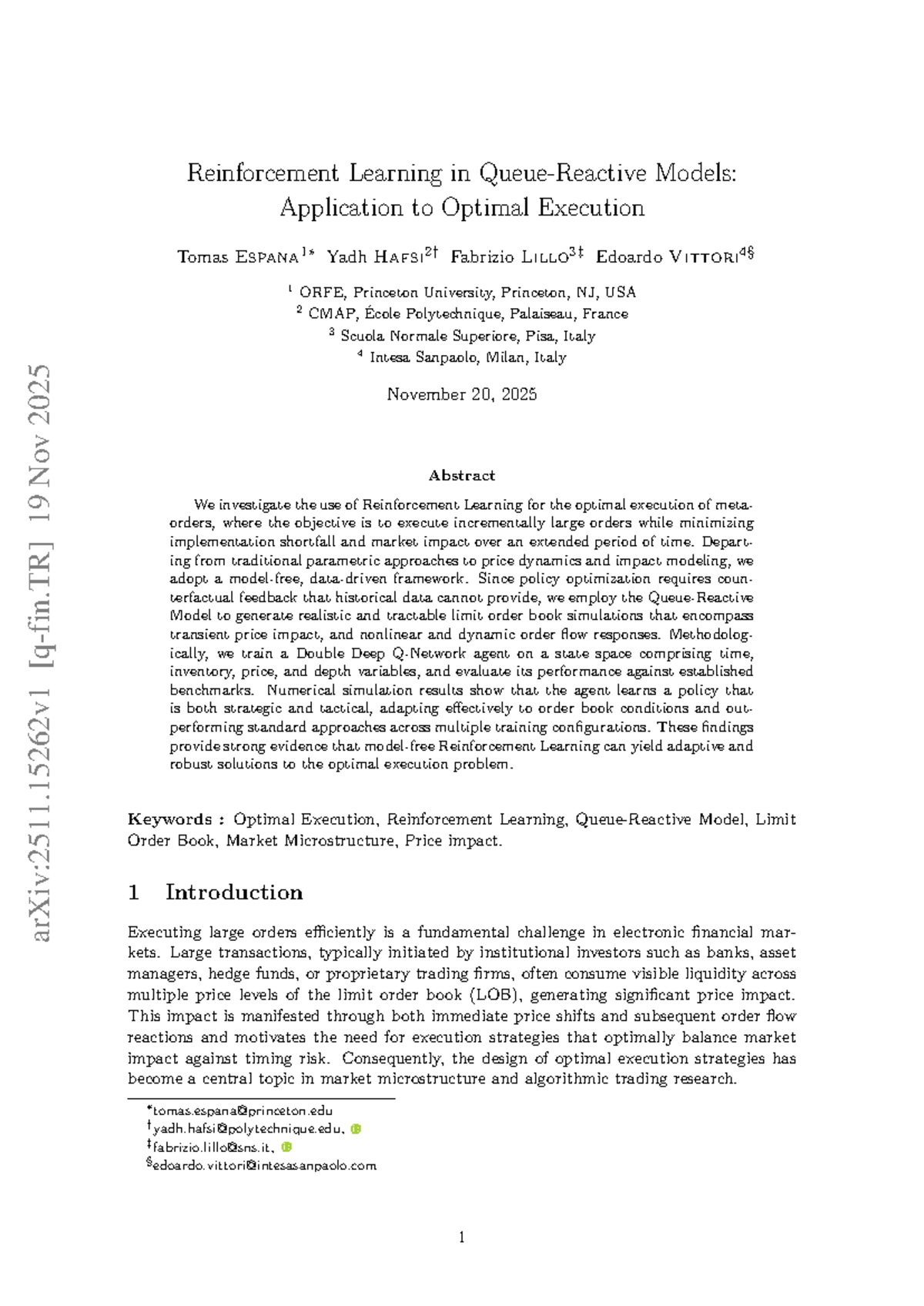 Reinforcement Learning for Optimal Execution in Financial Markets (ORFE ...