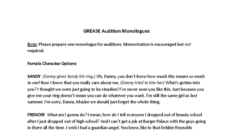 GRE 101: Audition Monologues for Grease Characters - Studocu