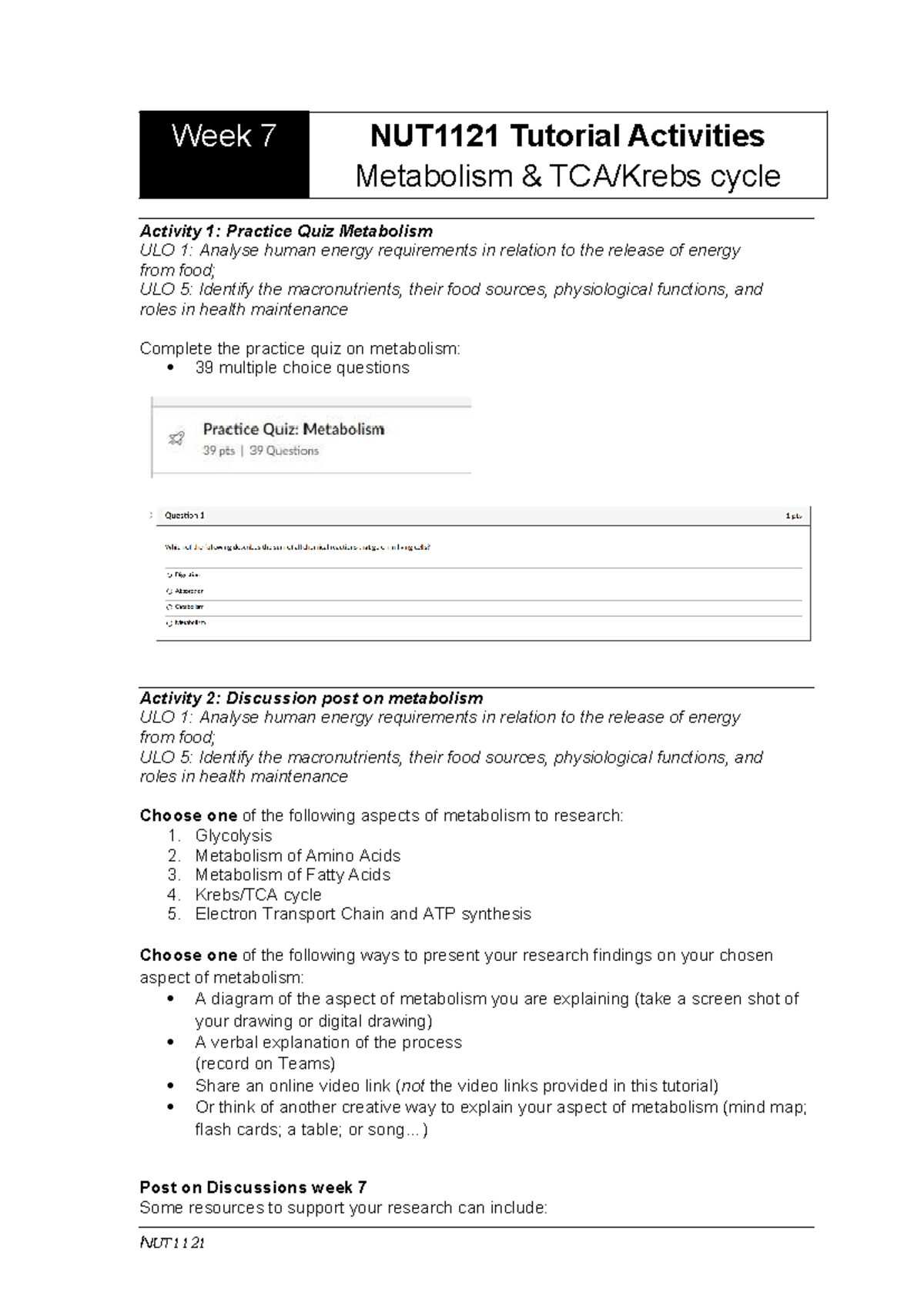 NUT1121 Week 7 Tutorial: Metabolism & Macronutrient Analysis Activities ...