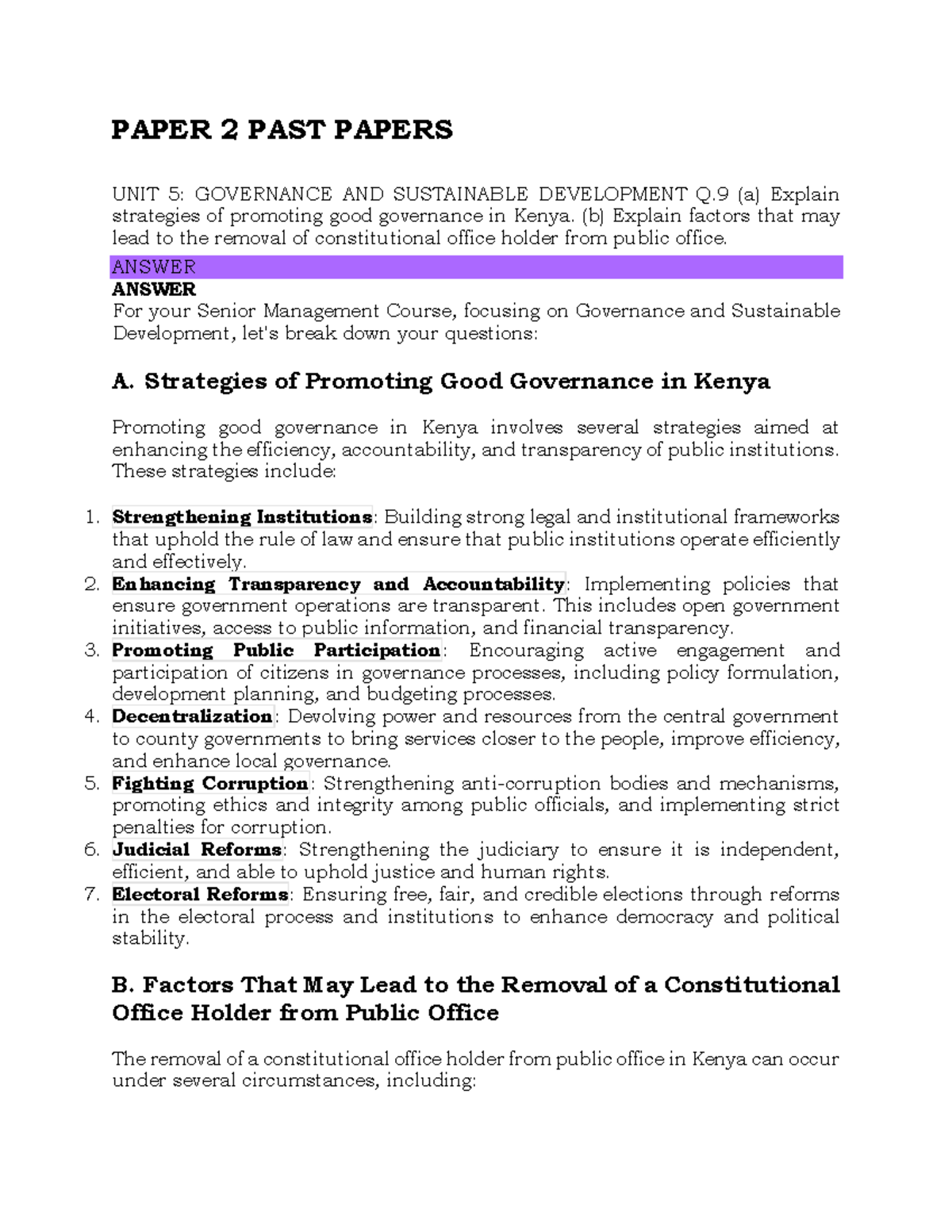 Title: GOVT 101 Paper 2: Past Papers on Governance & Development - Studocu