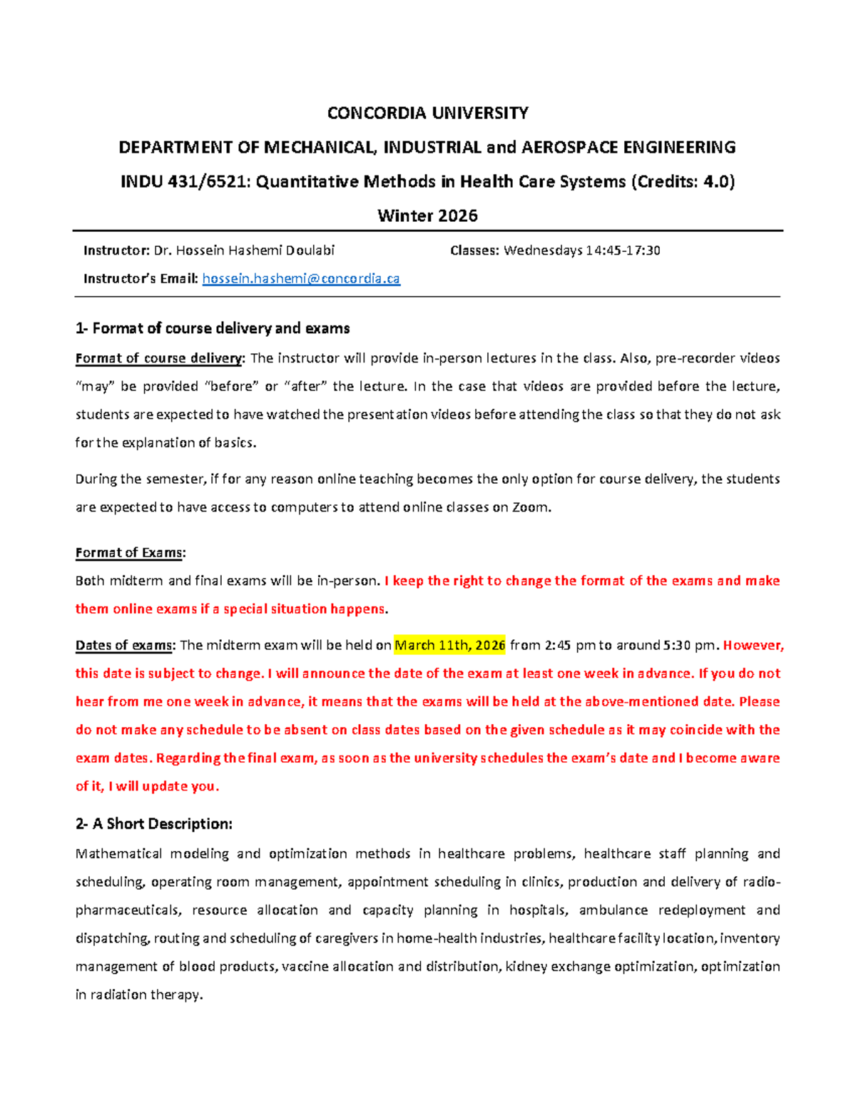 INDU 431-6521 Quantitative Methods in Health Care Systems Course ...