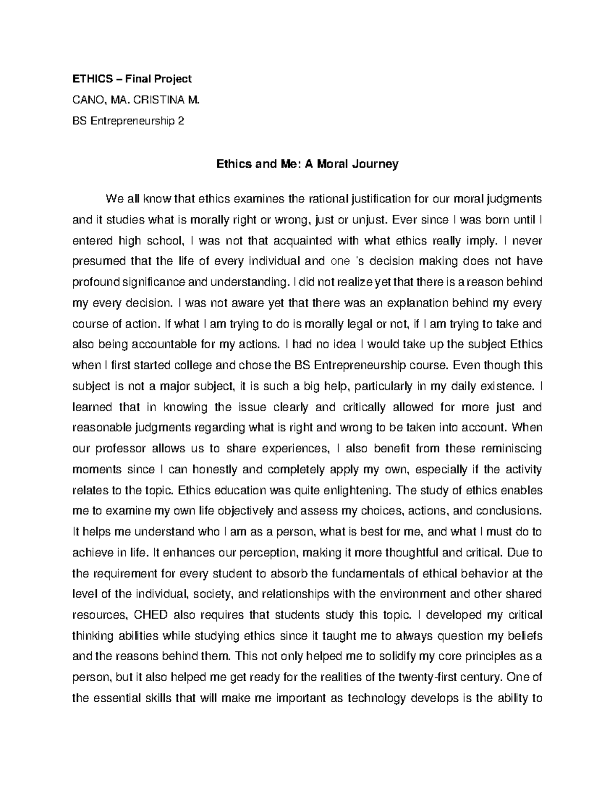 Ethics 3 - okhh - ETHICS – Final Project CANO, MA. CRISTINA M. BS ...