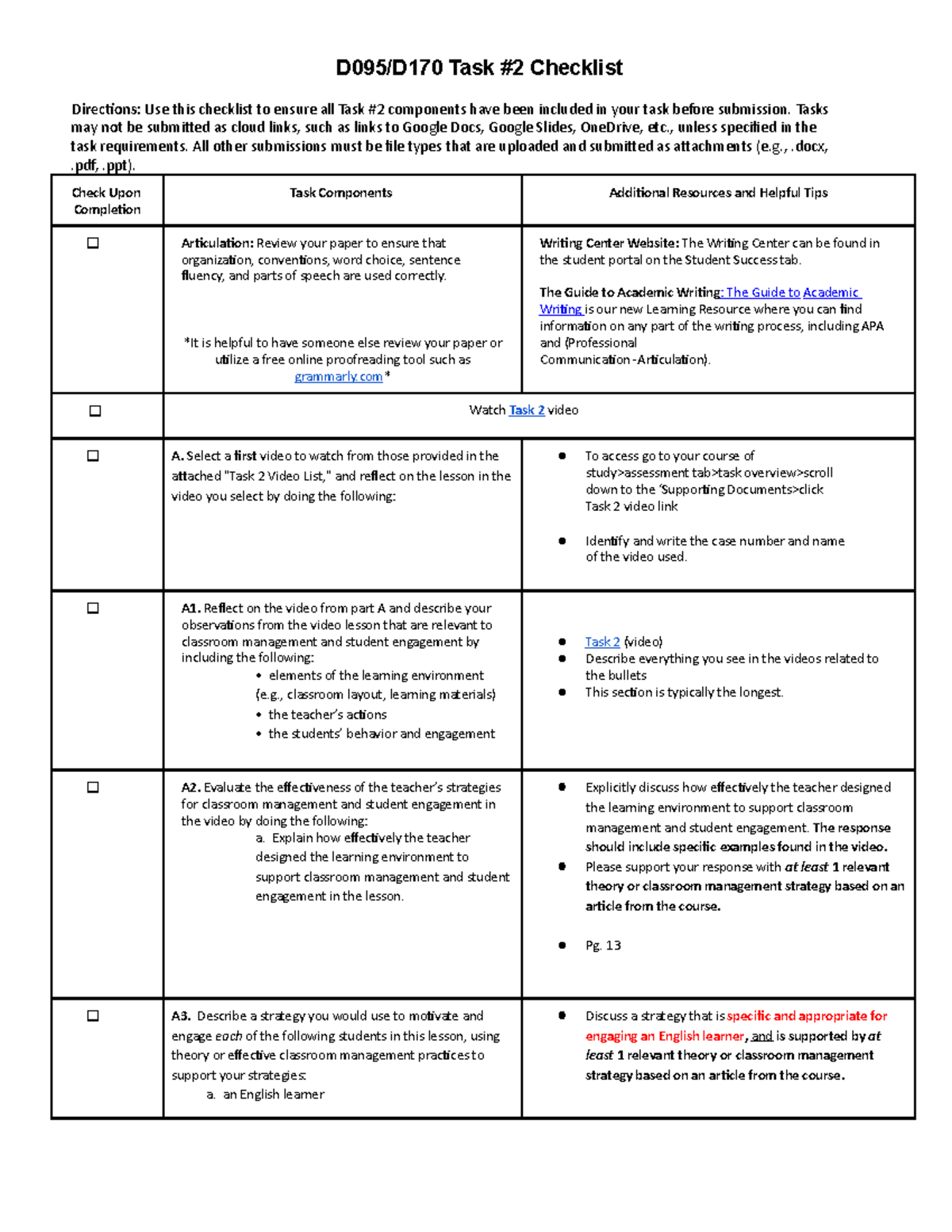 D095 D170 Task 2 checklist/rubric - Task Checklist Directions: Use this ...