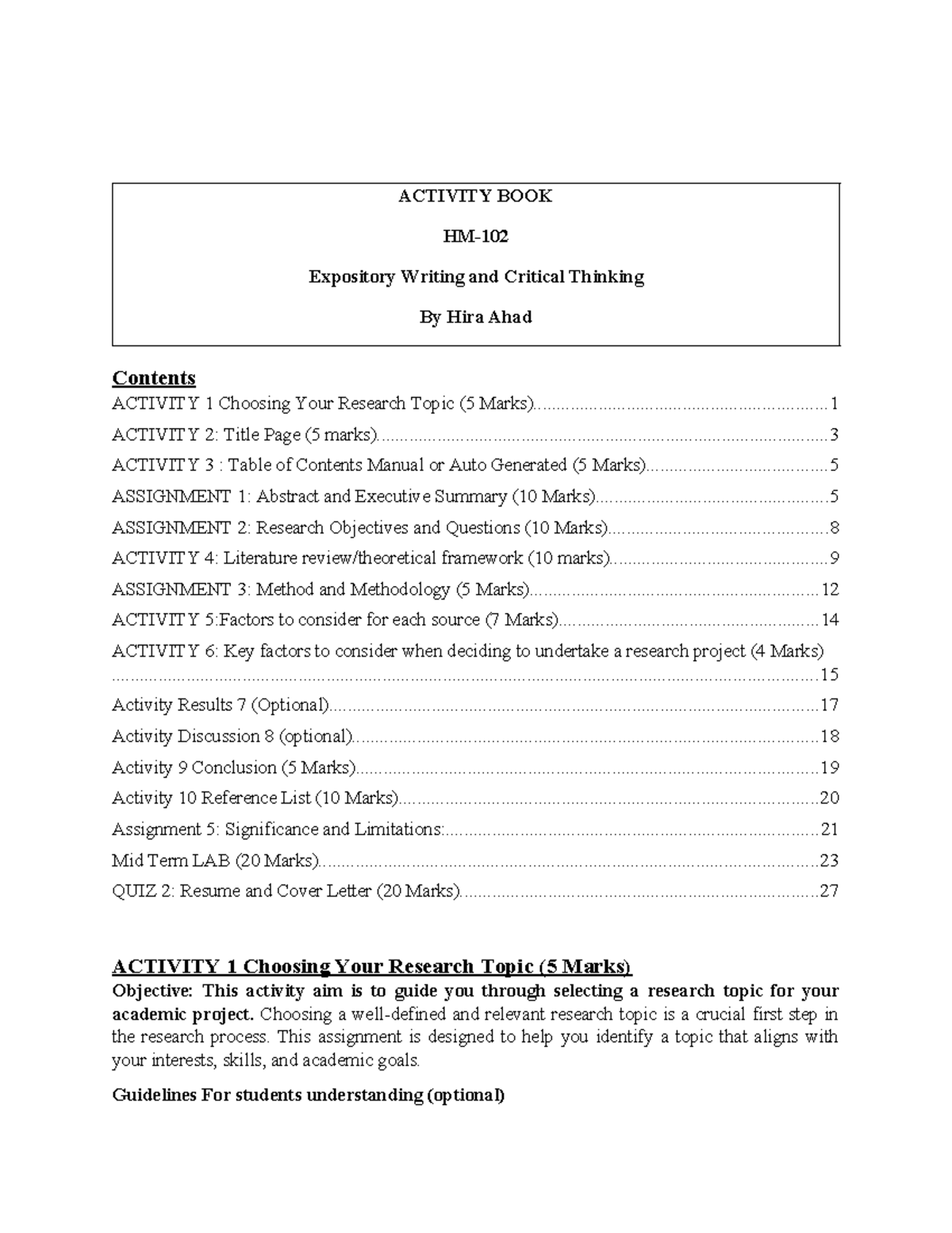 Activity Book: Expository Writing & Critical Thinking (HM 102) 2025 ...