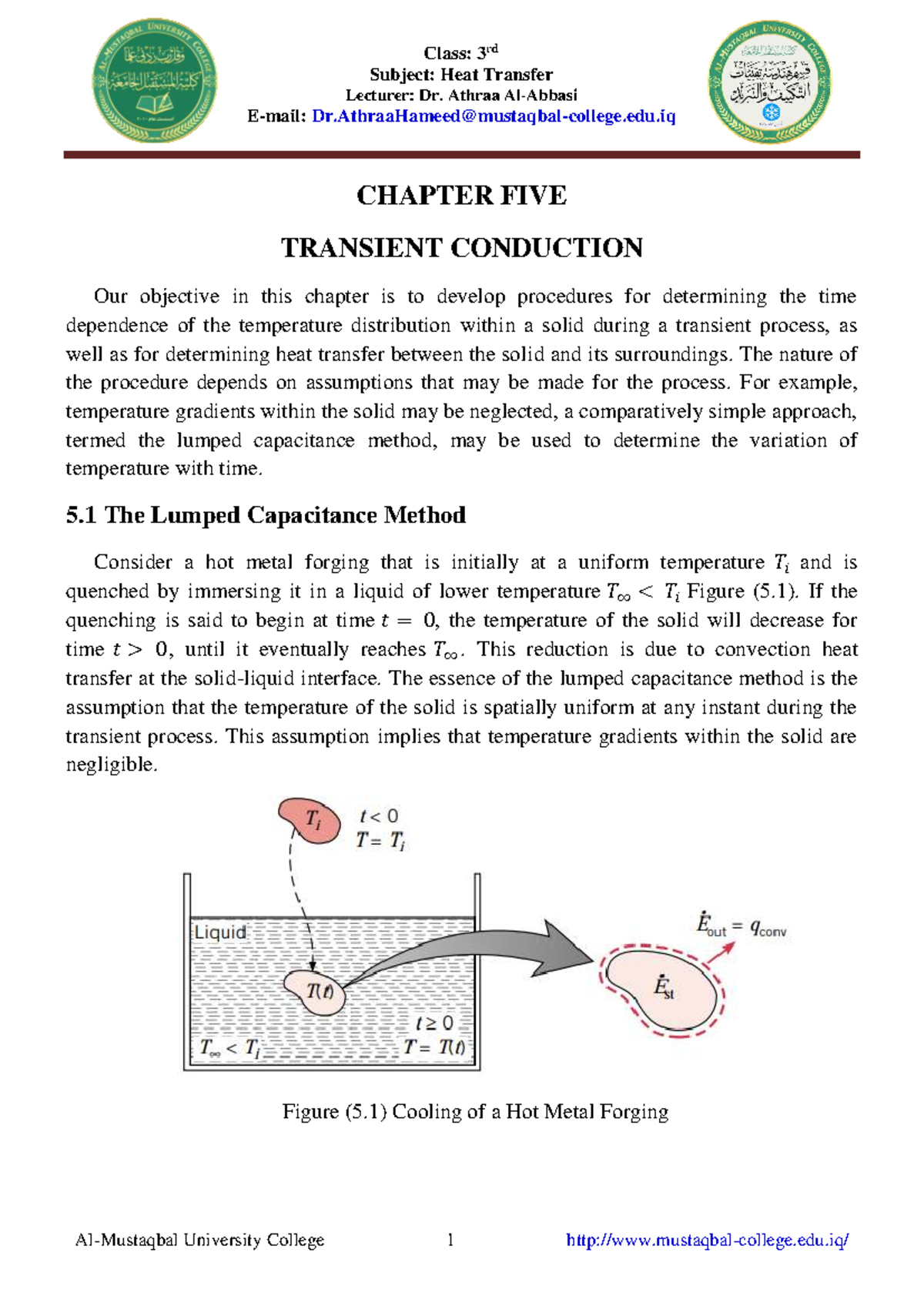 Heat Transfer (MUCLecture): Chapter 5 - Transient Conduction Analysis - Studocu