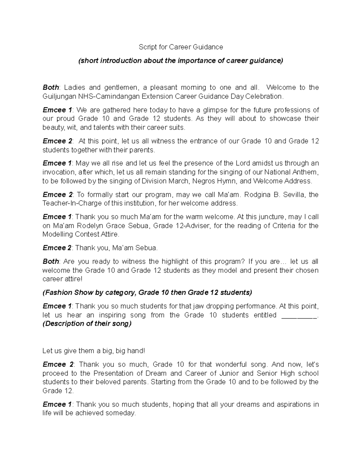 Script for Career Guidance - Script for Career Guidance (short ...