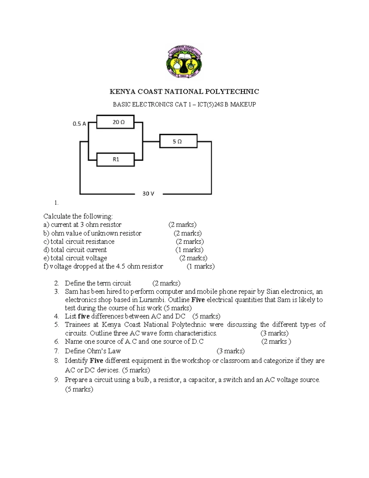 KENYA COAST POLYTECHNIC ICT LEVEL 5 BASIC ELECTRONICS CAT 3 - Studocu