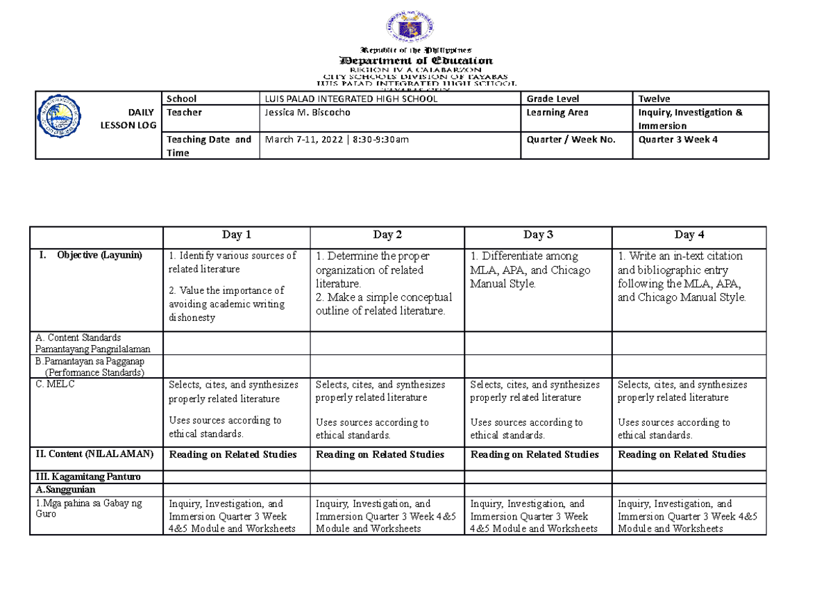 DLL 3Is Week4 G12A - COT Lesson Plan - DAILY LESSON LOG School LUIS ...