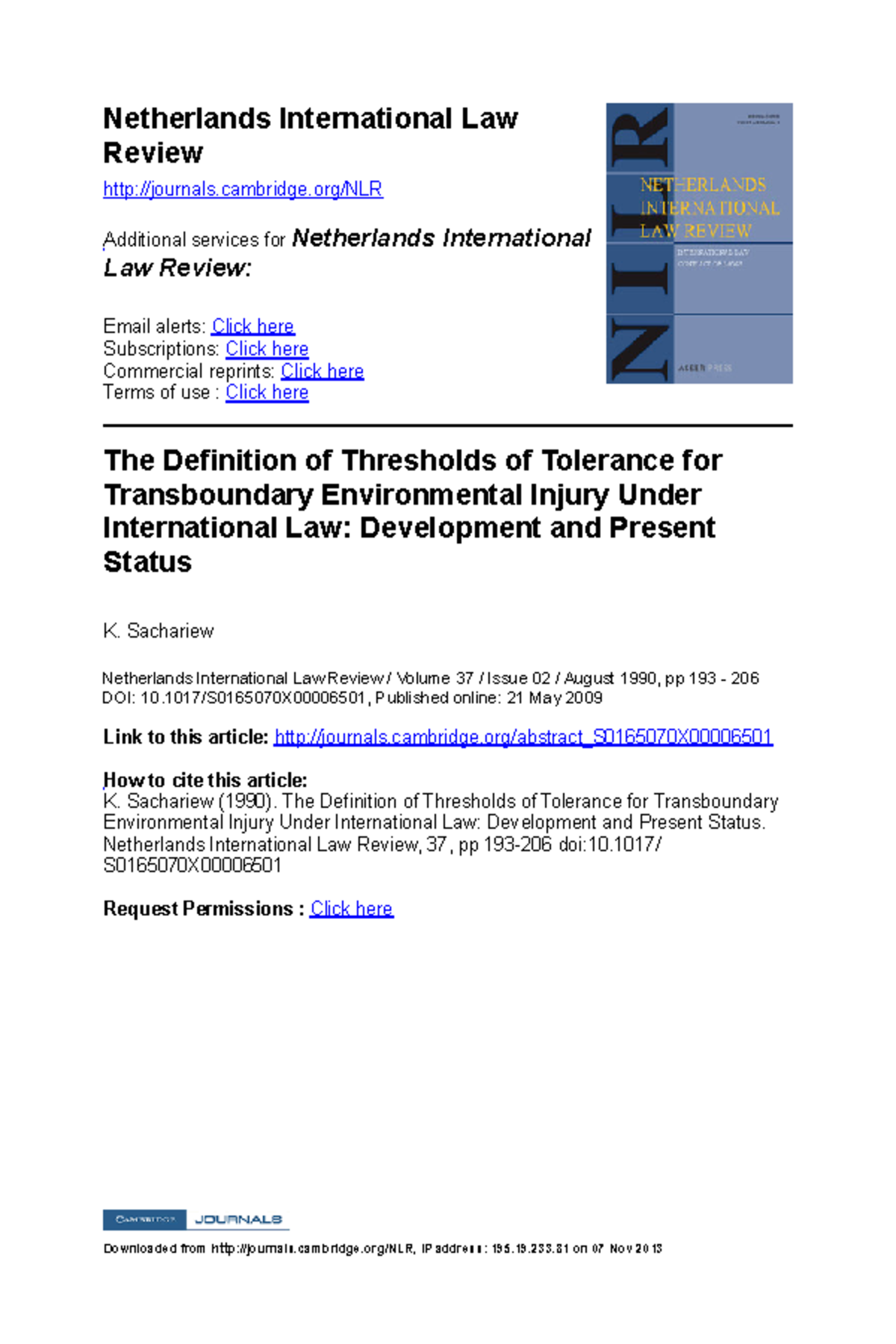 The Definition of Thresholds of Tolerance for Transboundary ...