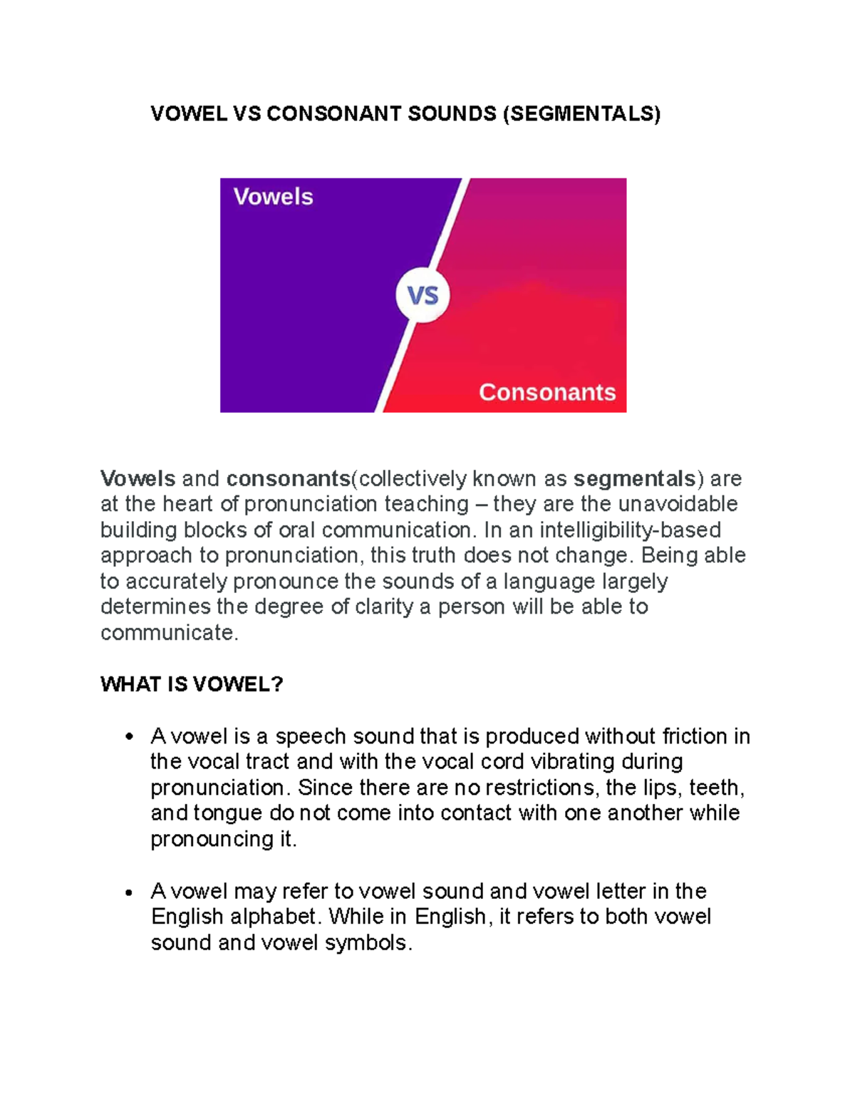 Vowel VS Consonant Sounds ( Segmentals) Handouts - VOWEL VS CONSONANT ...