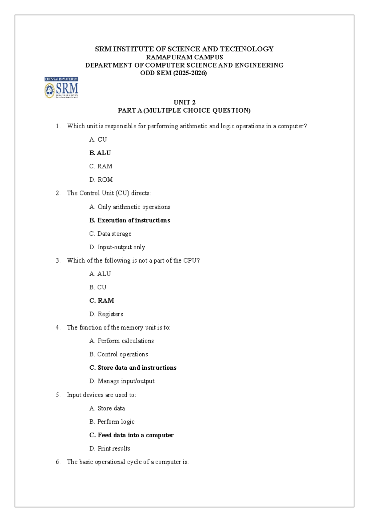 UNIT 2 PART A MCQs - COA Important Questions - Studocu