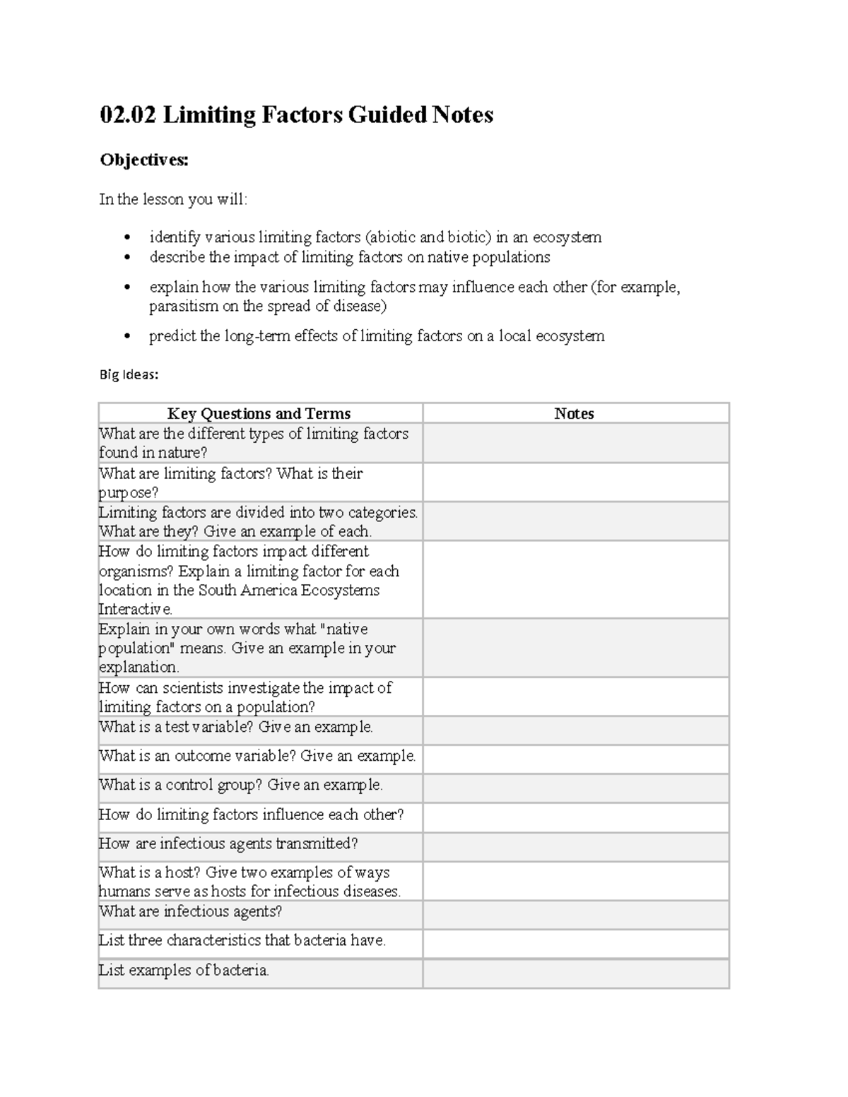 02 Limiting Factors Guided Notes: Ecosystem and Population Dynamics ...