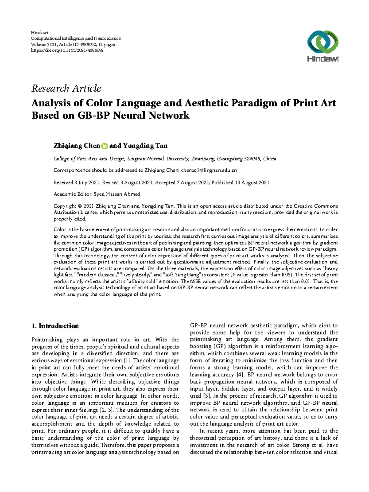 Analysis of Color Language in Print Art via GP-BP Neural Network ...