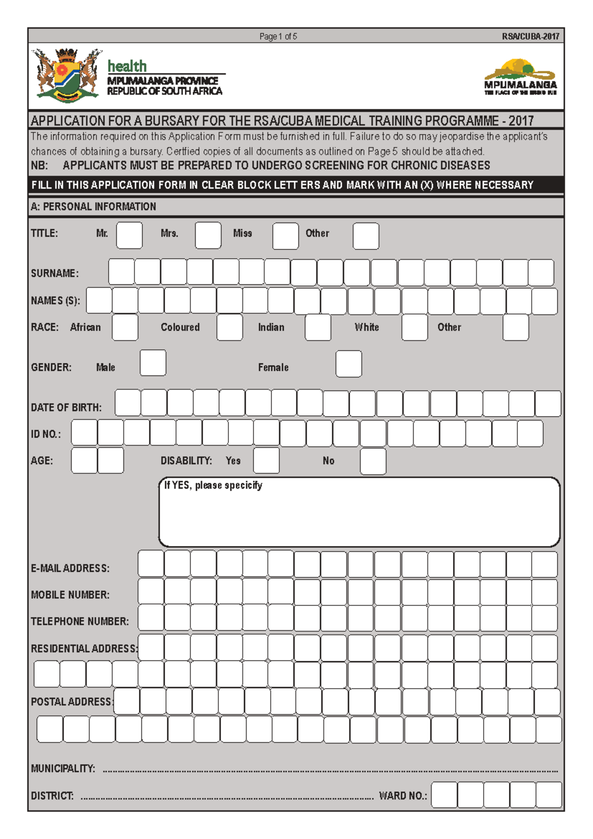 RSA-CUBA Bursary Application Form for Medical Training 2017 - Studocu