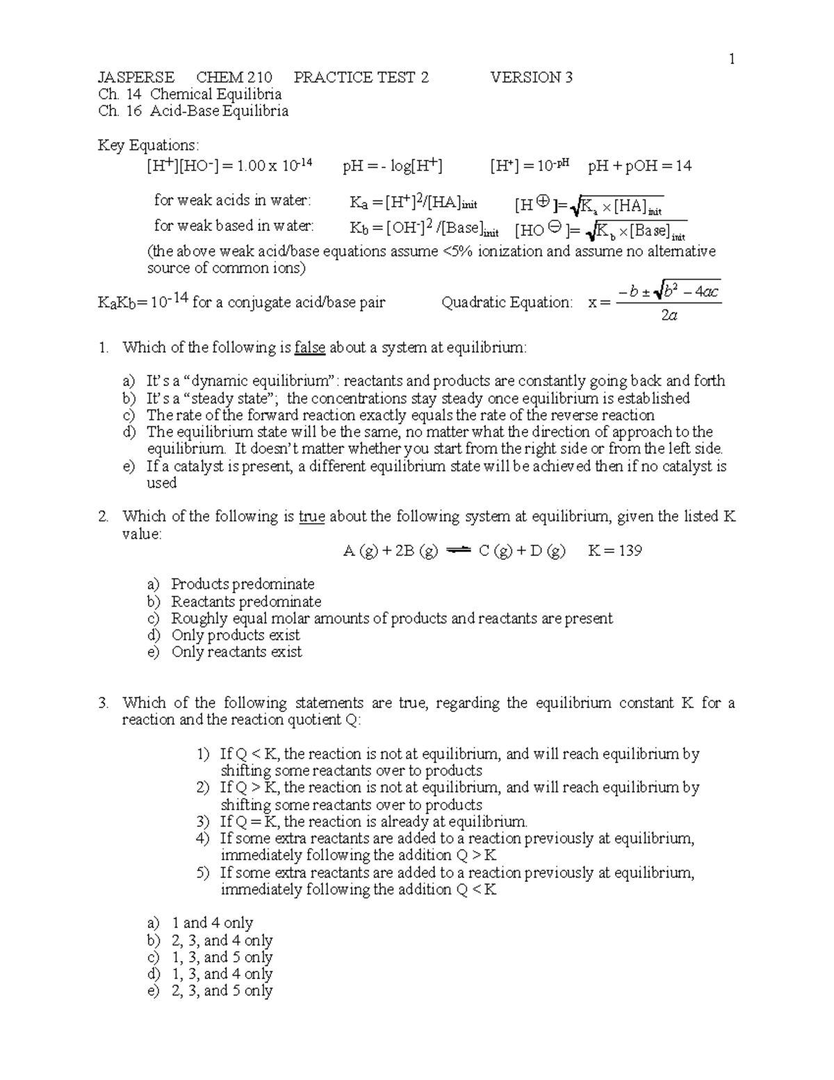 CHEM 210 Practice Test 2: Chemical Equilibria Concepts & Solutions ...