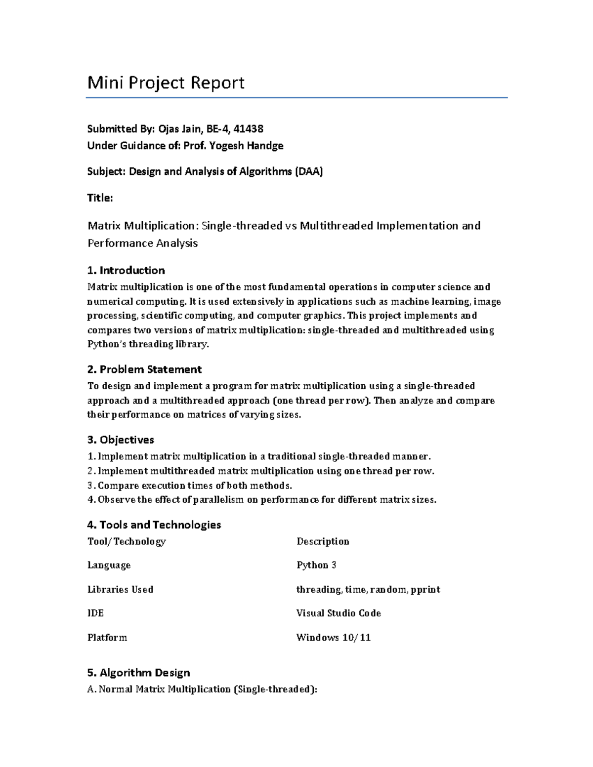 DAA Mini Project Report: Matrix Multiplication & Multithreading Analysis - Studocu