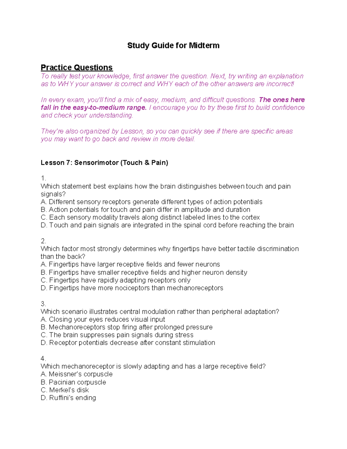Final Study Guide for Midterm Exam: Sensory Systems and Mental Health ...