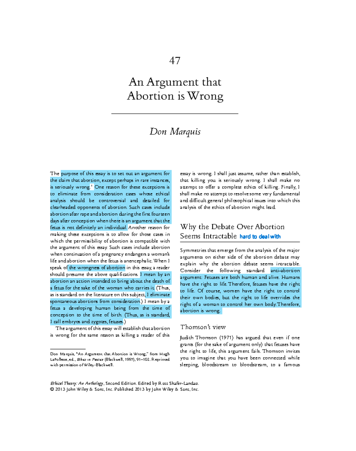 PHIL 101: Don Marquis - Argument Against Abortion Essay Analysis - Studocu