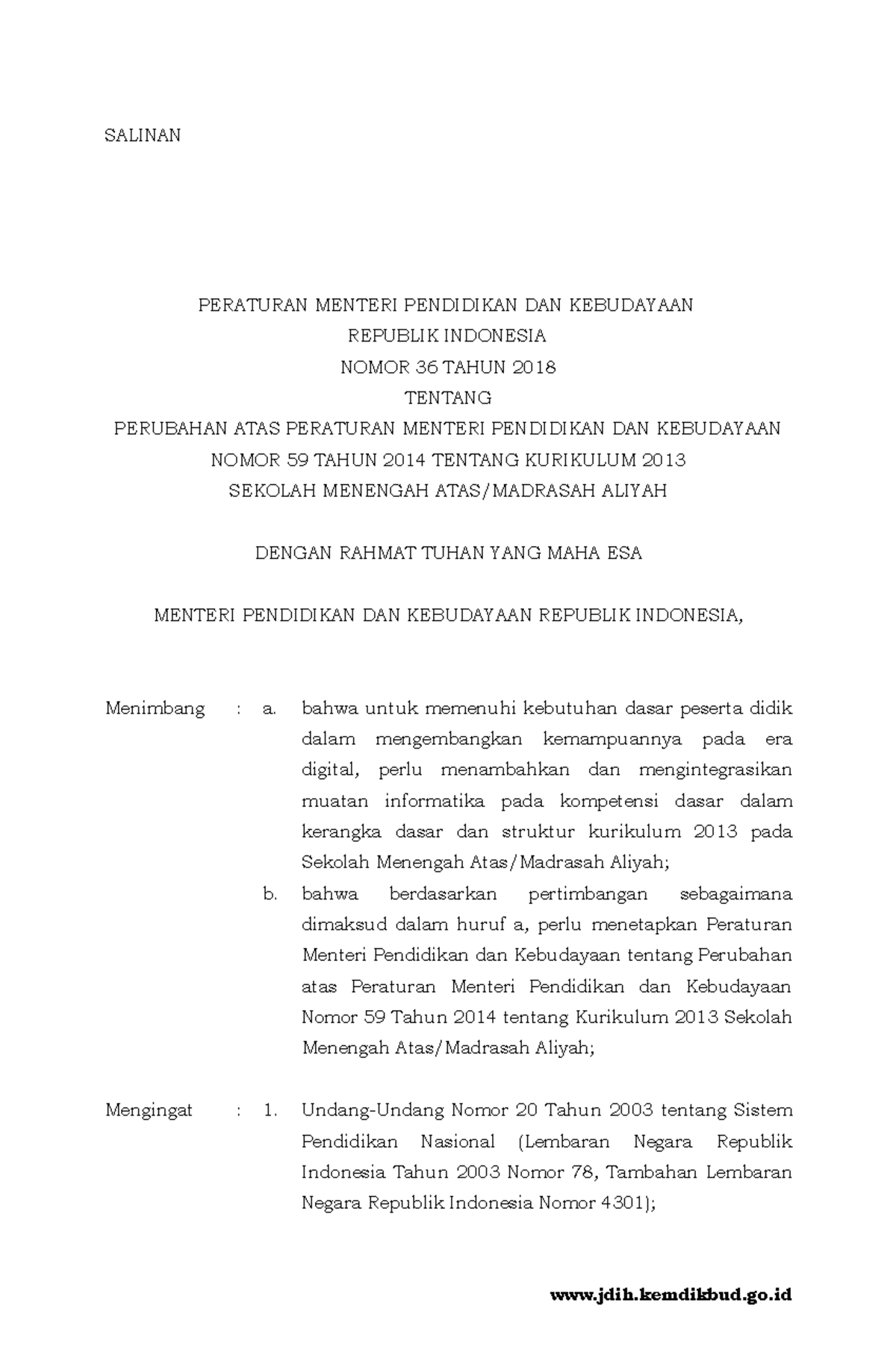 Peraturan Menteri Pendidikan dan Kebudayaan No. 36 Tahun 2018 tentang Kurikulum 2013 - Studocu