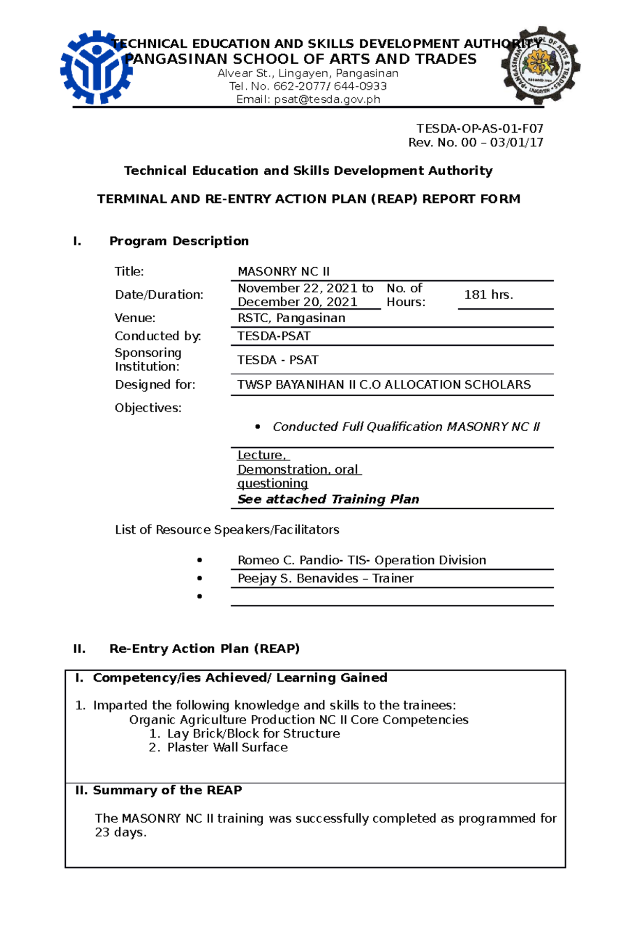 Masonry NC II Terminal Report - TESDA-OP-AS-01-F - Studocu