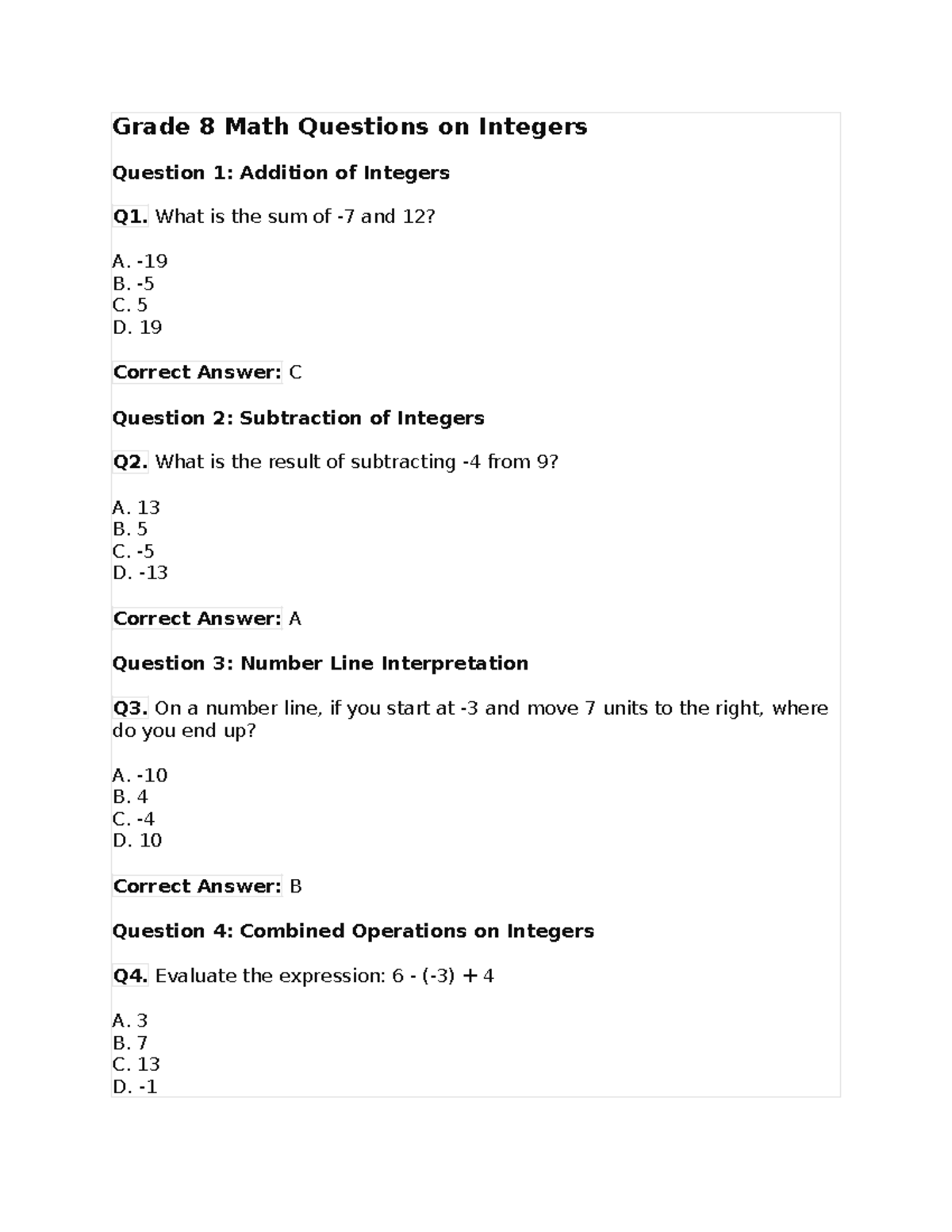 Grade 8 Math Quiz: Questions & Answers on Integers - Studocu