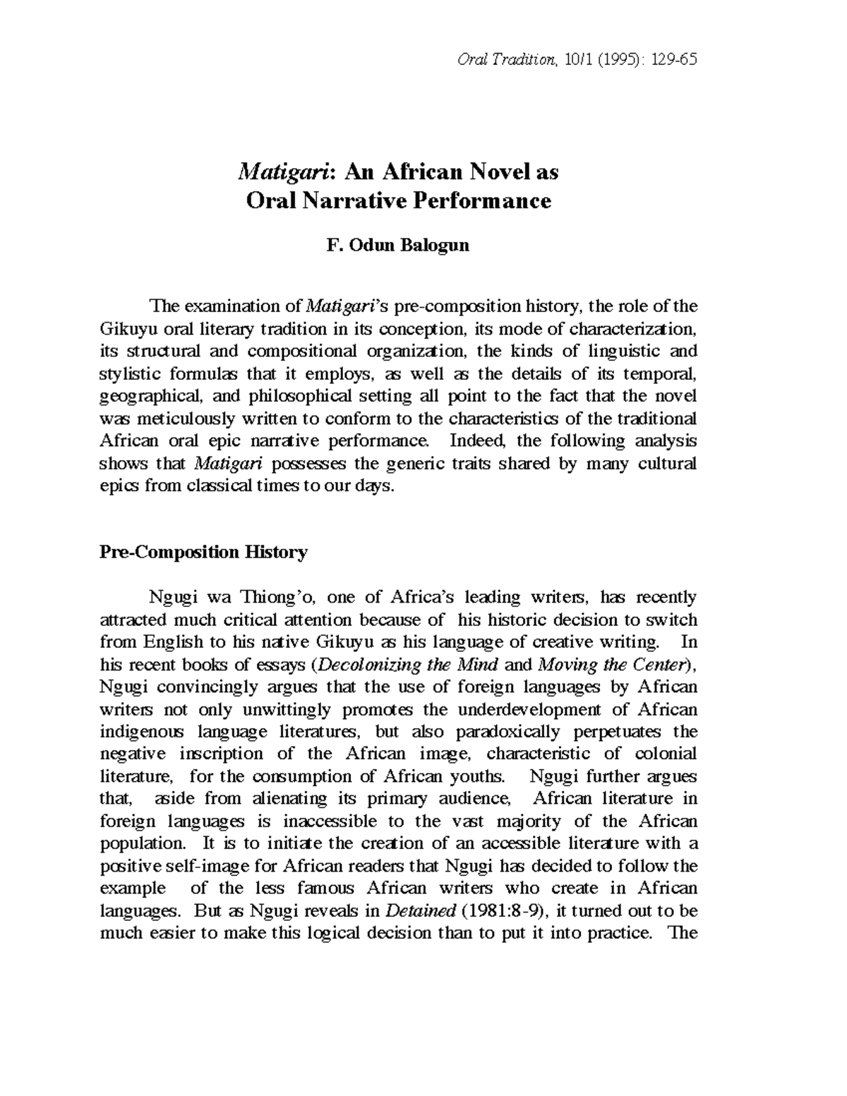 Matigari: Analyzing Ngugi's Oral Epic Narrative (ENG 202) - Studocu