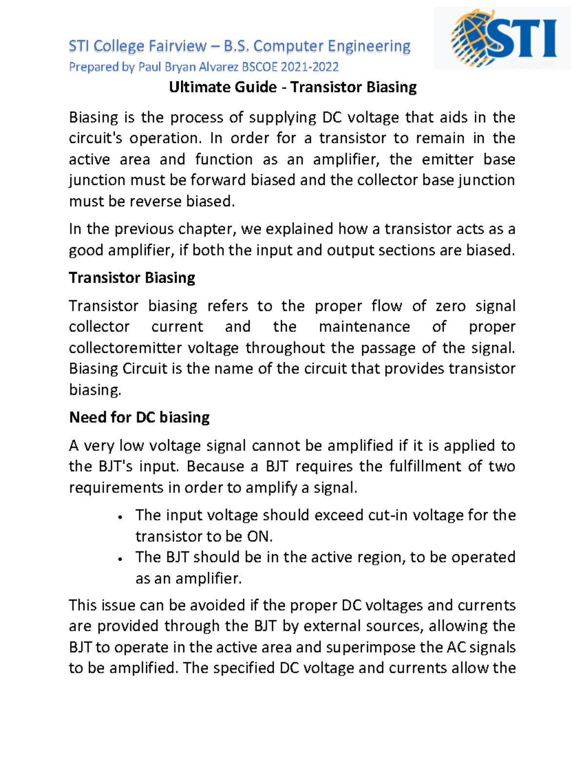 Ultimate Guide - Transistor Biasing - Prepared by Paul Bryan Alvarez BSCOE 2021- Ultimate Guide ...