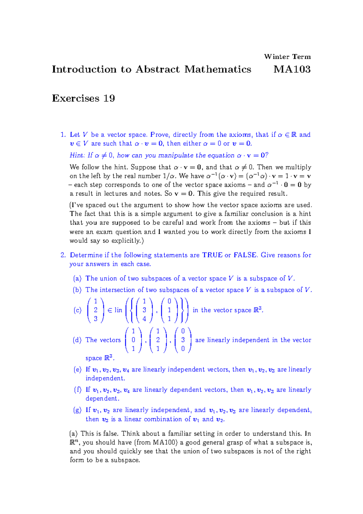 MA103 Winter Term Abstract Math Exercises 19-24 Solutions - Studocu